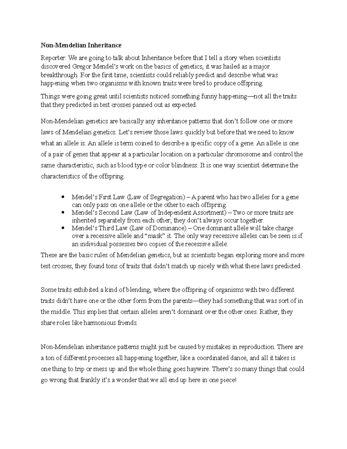 Script For Science - Non-Mendelian Inheritance Reporter: We are going ...