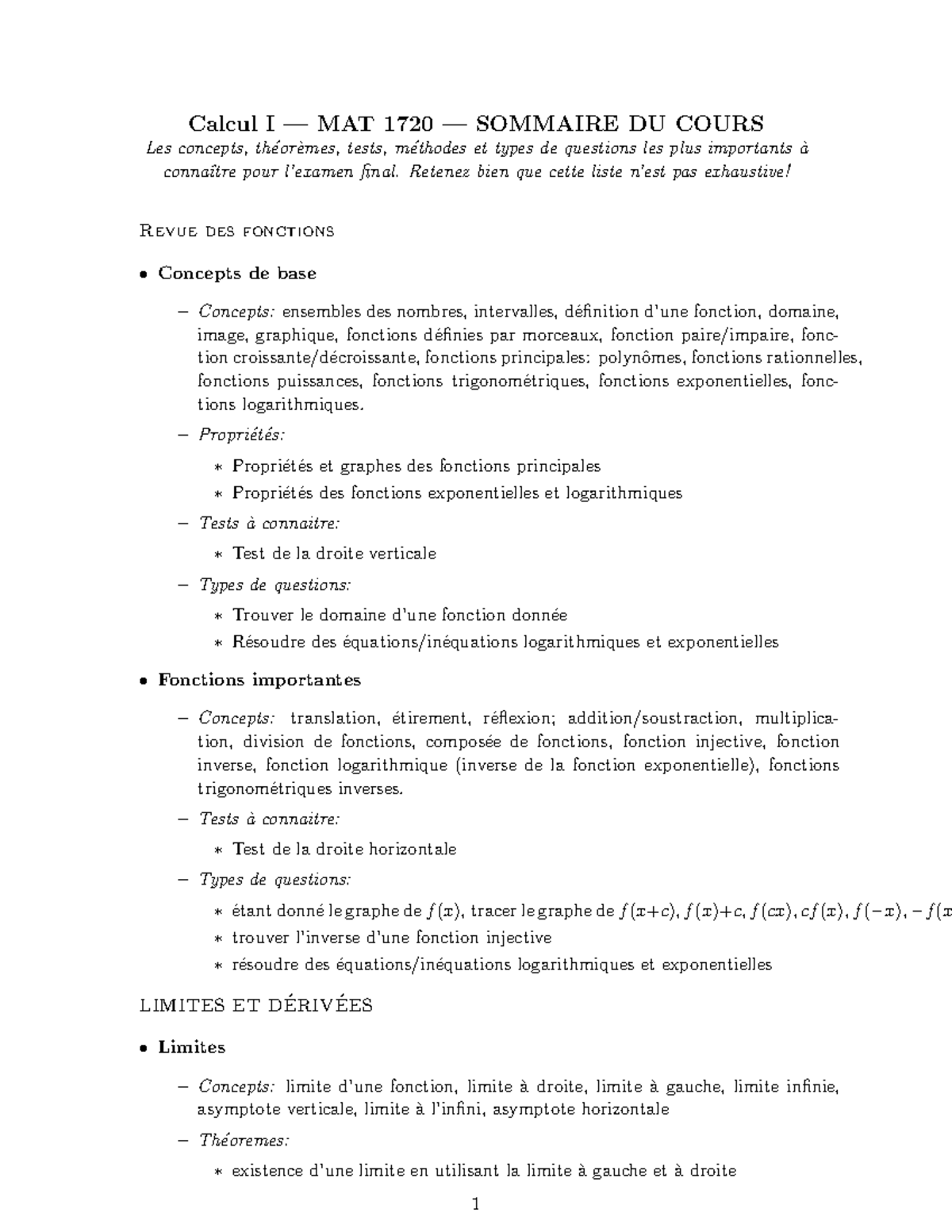 Fiche Revision - Calcul I — MAT 1720 — SOMMAIRE DU COURS Les concepts ...