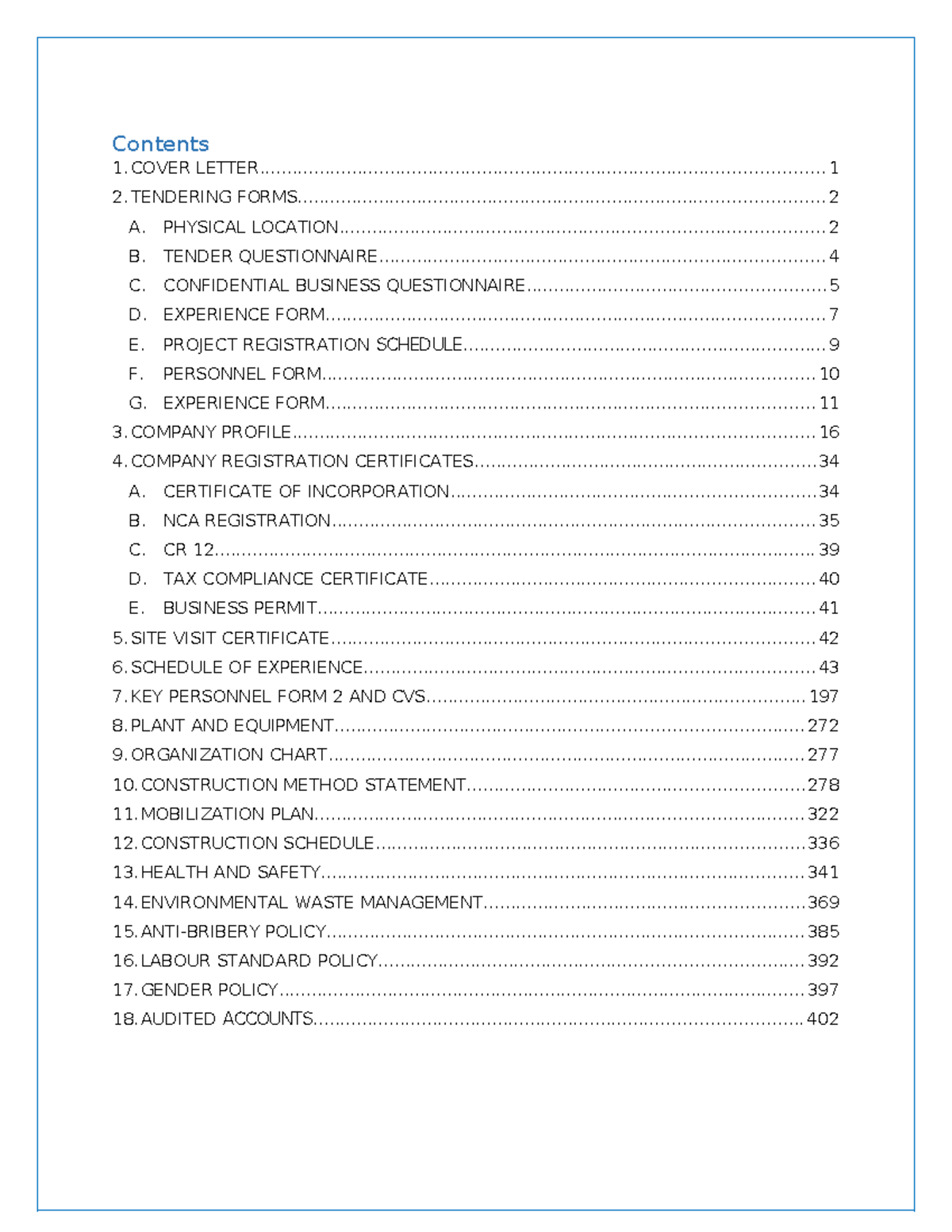 TOC SUB - Arrangement of Table of content when working on a national or local tender - Contents ...