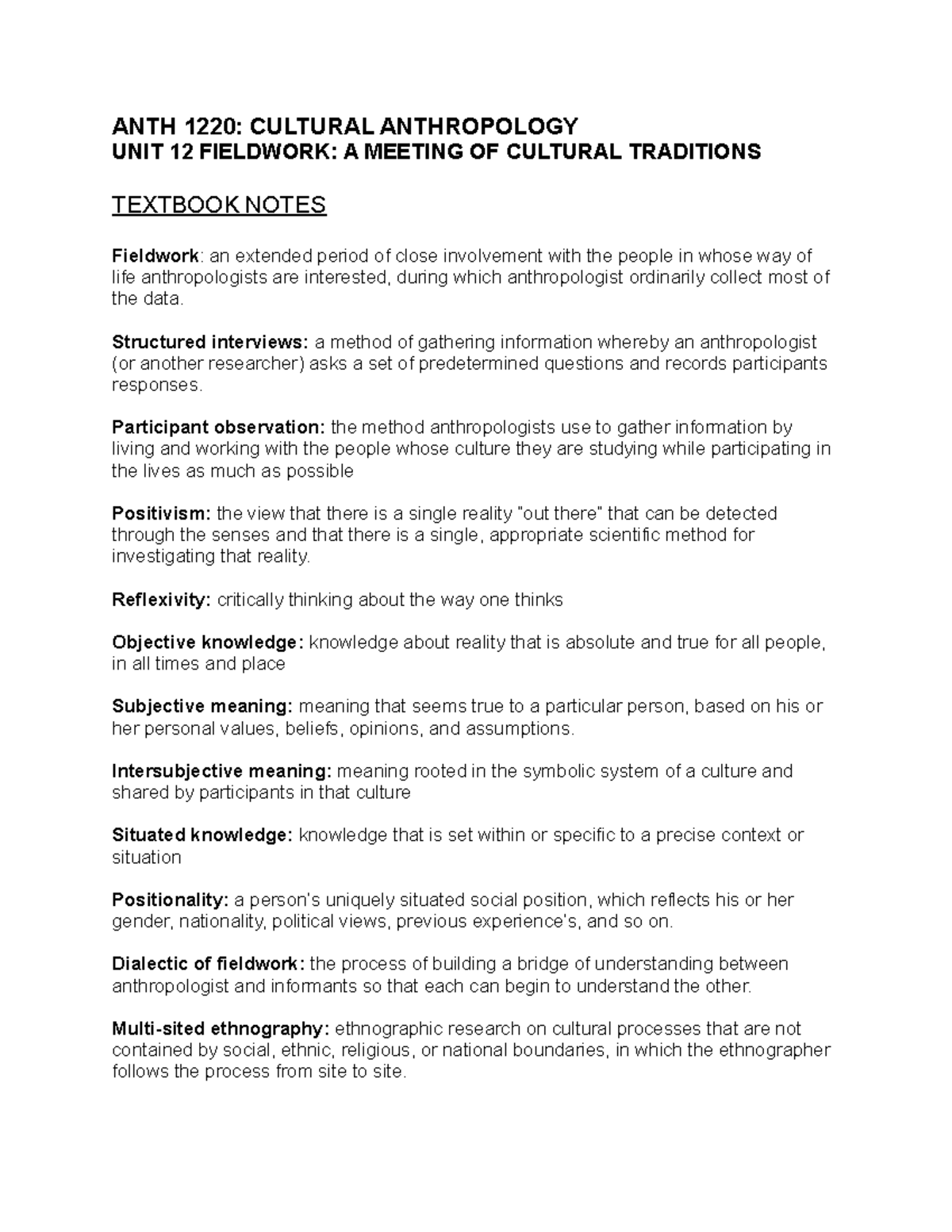 ANTH 1220 CH 2 - Lecture notes CH 2 - ANTH 1220: CULTURAL ANTHROPOLOGY ...