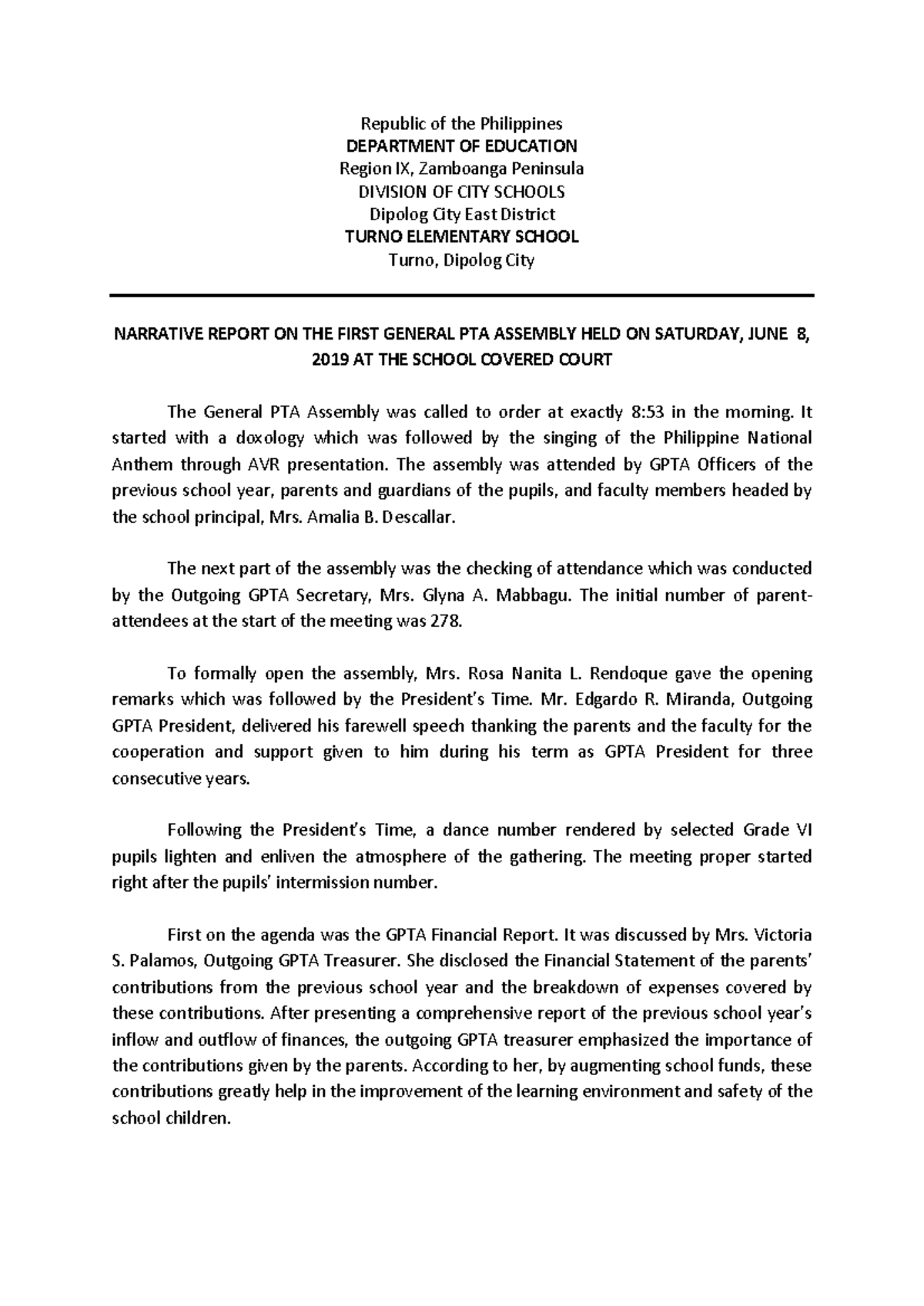 Pdfcoffee - narrative REPORT ON THE FIRST GENERAL PTA ASSEMBLY HELD ON ...