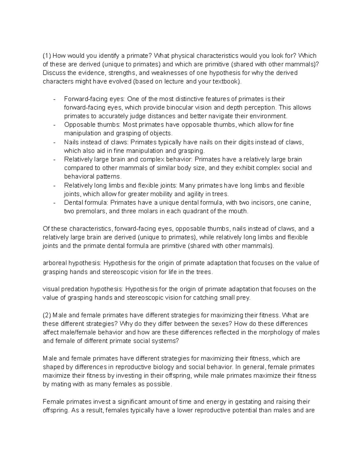 Midterm 2 essay questions - (1) How would you identify a primate? What ...