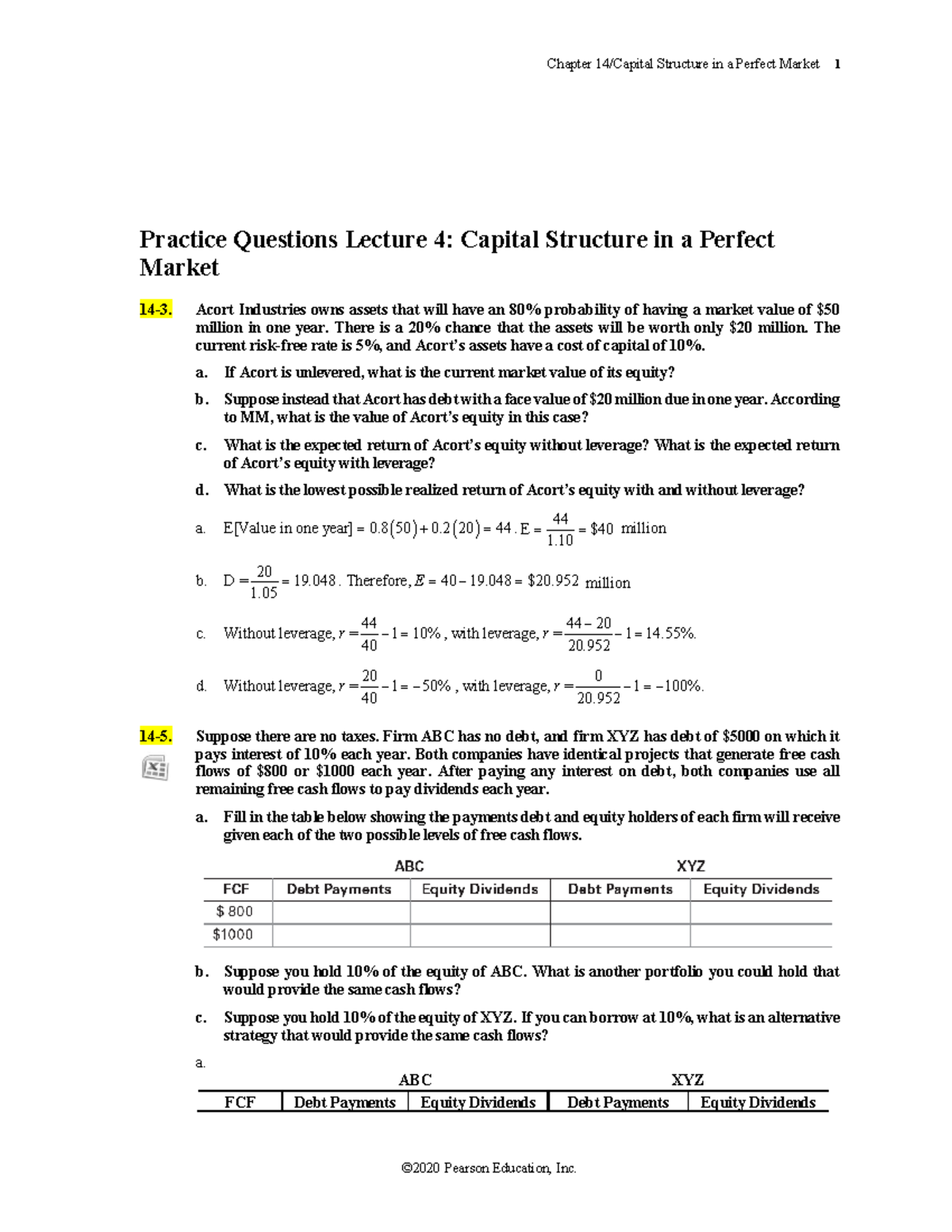 Solutions to Corporate Finance Lecture 4 Questions - Chapter 14/Capital ...