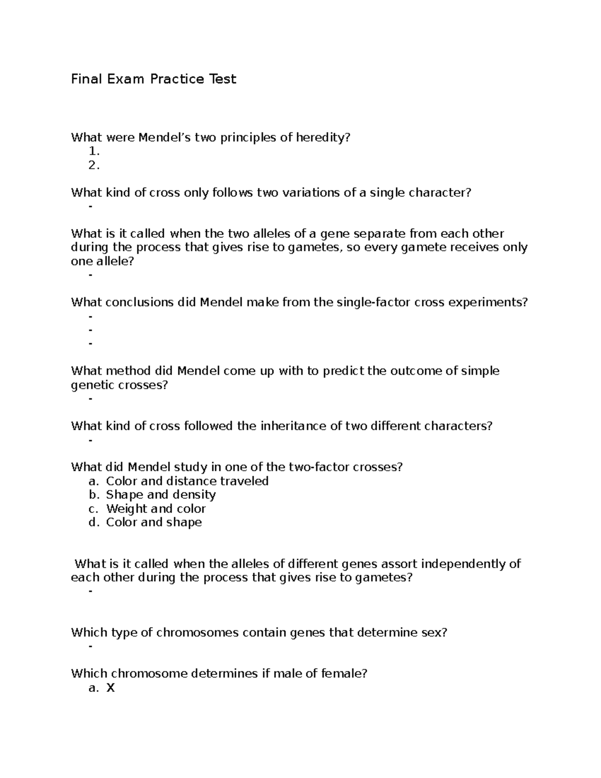 Bio 1 Final Exam Practice Test - Final Exam Practice Test What were ...