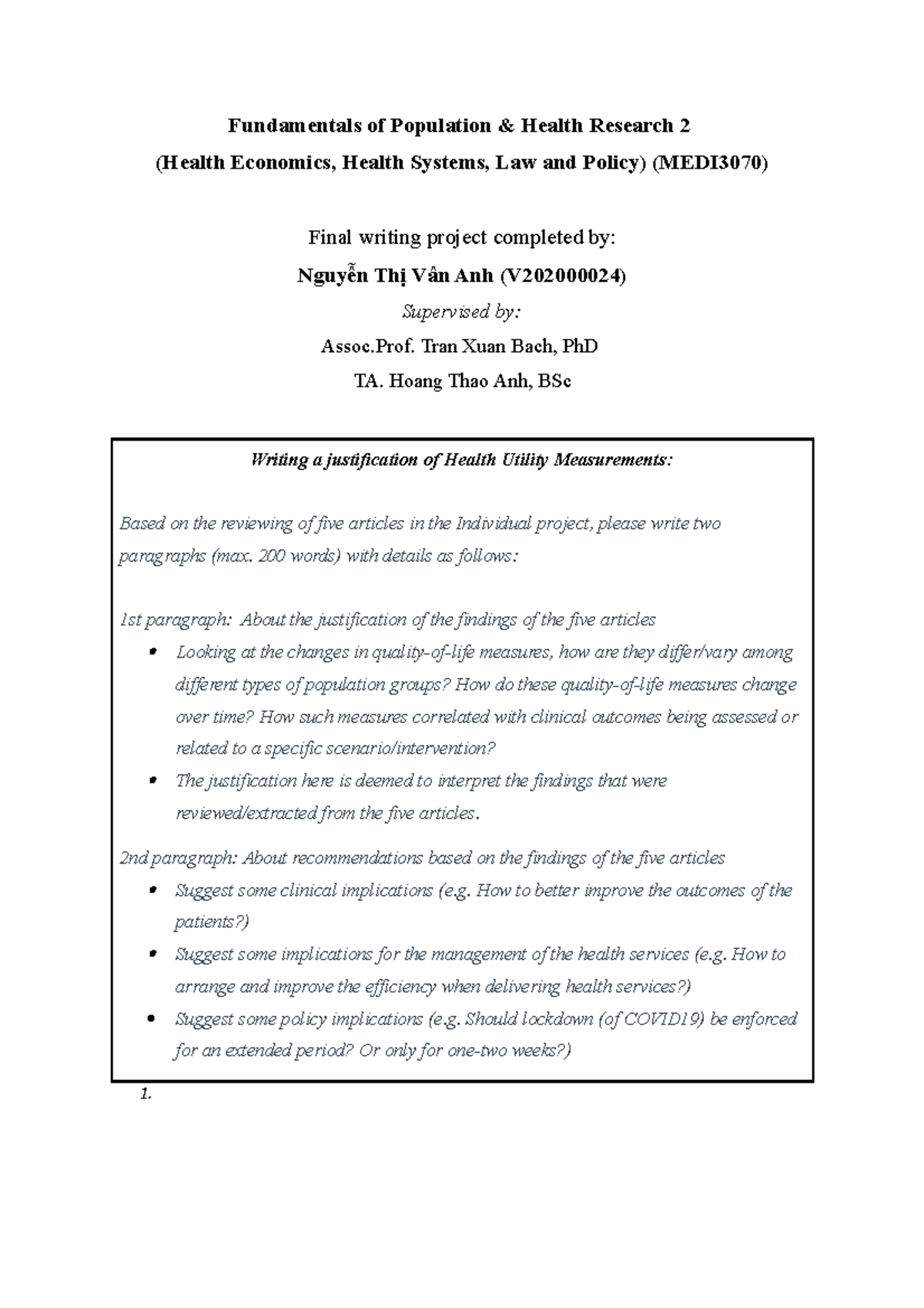 Final writing project - Fundamentals of Population & Health Research 2 ...