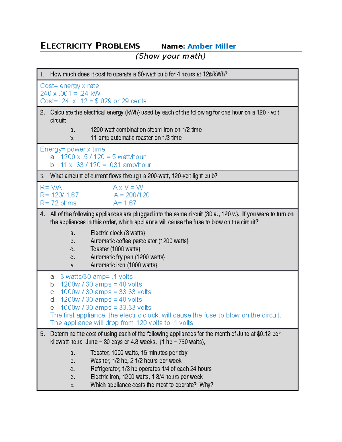Miller A RED 2614 Electricity Problems - ELECTRICITY PROBLEMS Name ...