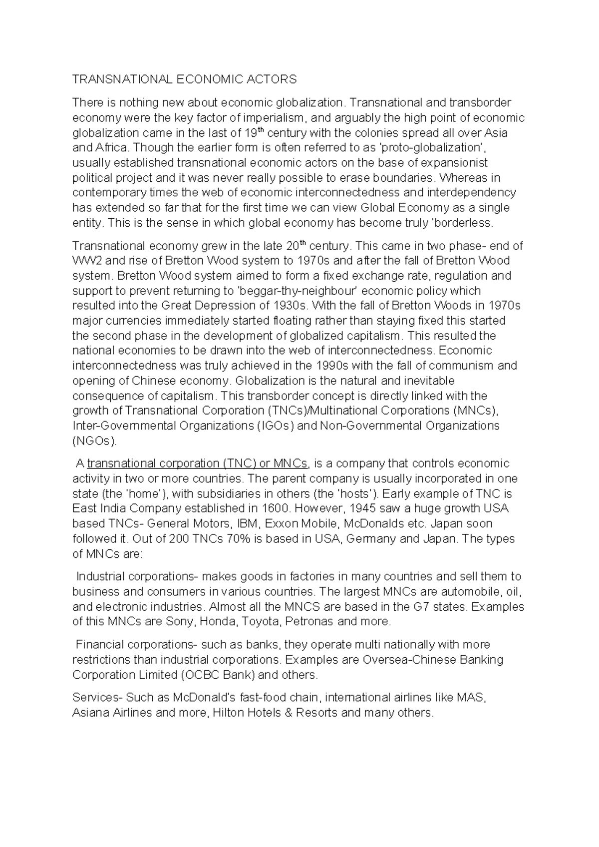 Transnational Economic Actors - TRANSNATIONAL ECONOMIC ACTORS There is ...