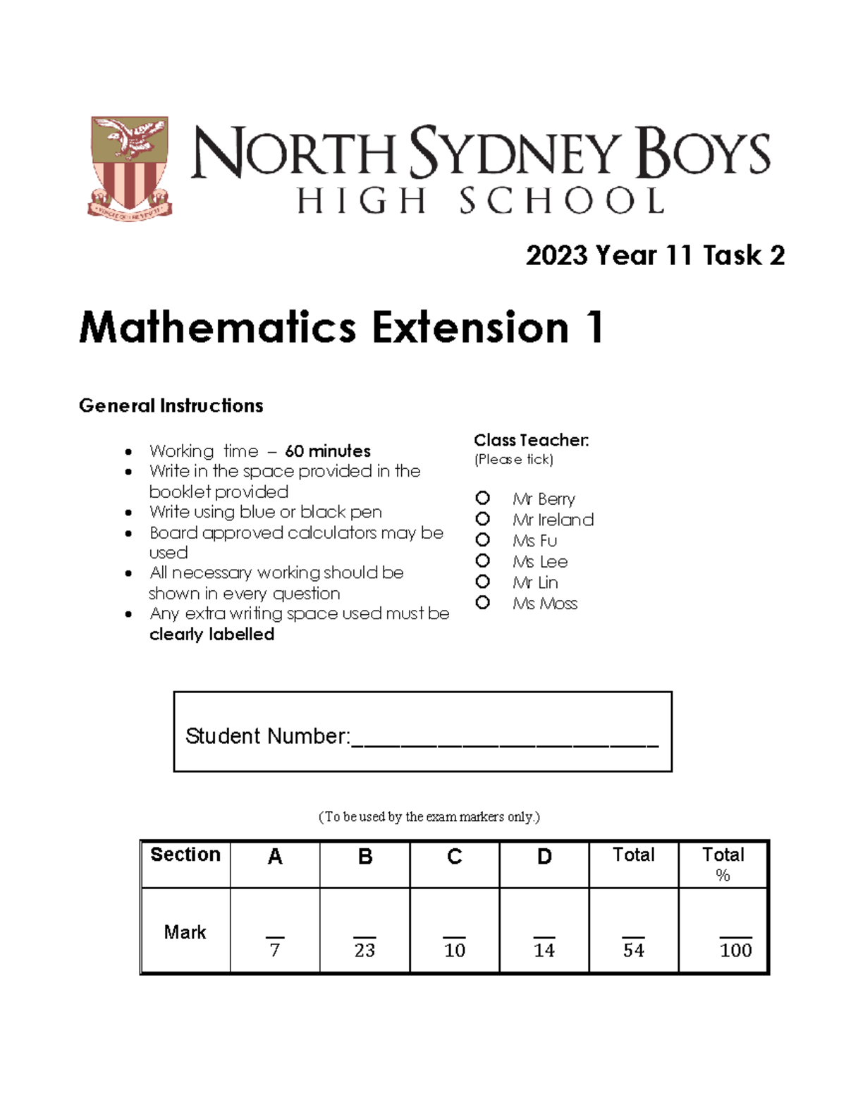 2023 Y11 Ext1 Task 2 (with solutions) - 2023 Year 11 Task 2 Mathematics ...