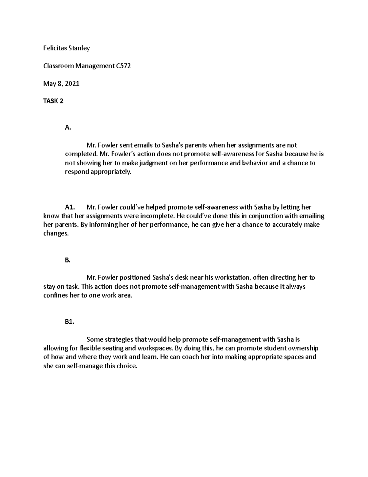 Classroom Management C572 Task 2 PASSED - Felicitas Stanley Classroom ...