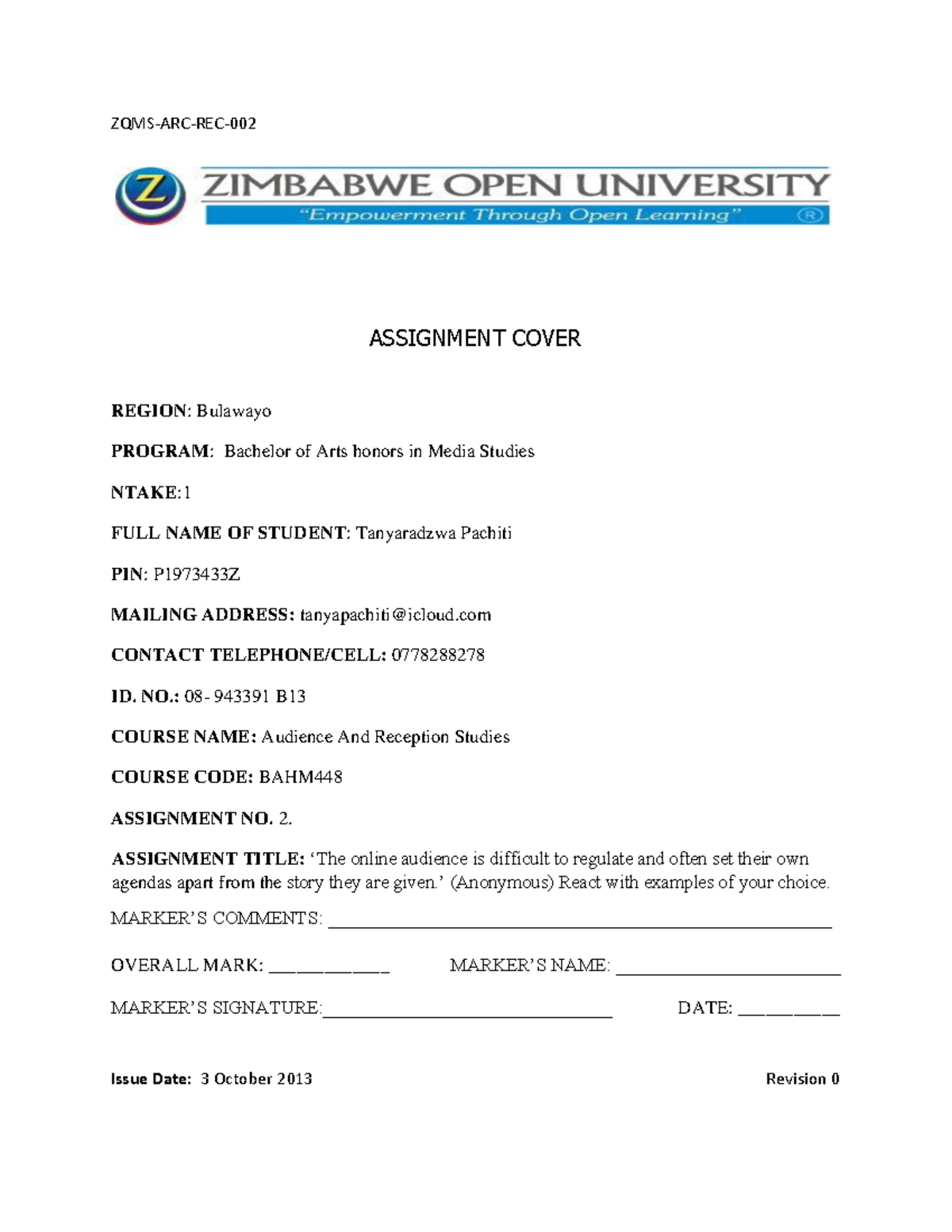Assign 2 Audience Reception - ZQMS-ARC-REC- 002 ASSIGNMENT COVER REGION: Bulawayo PROGRAM ...