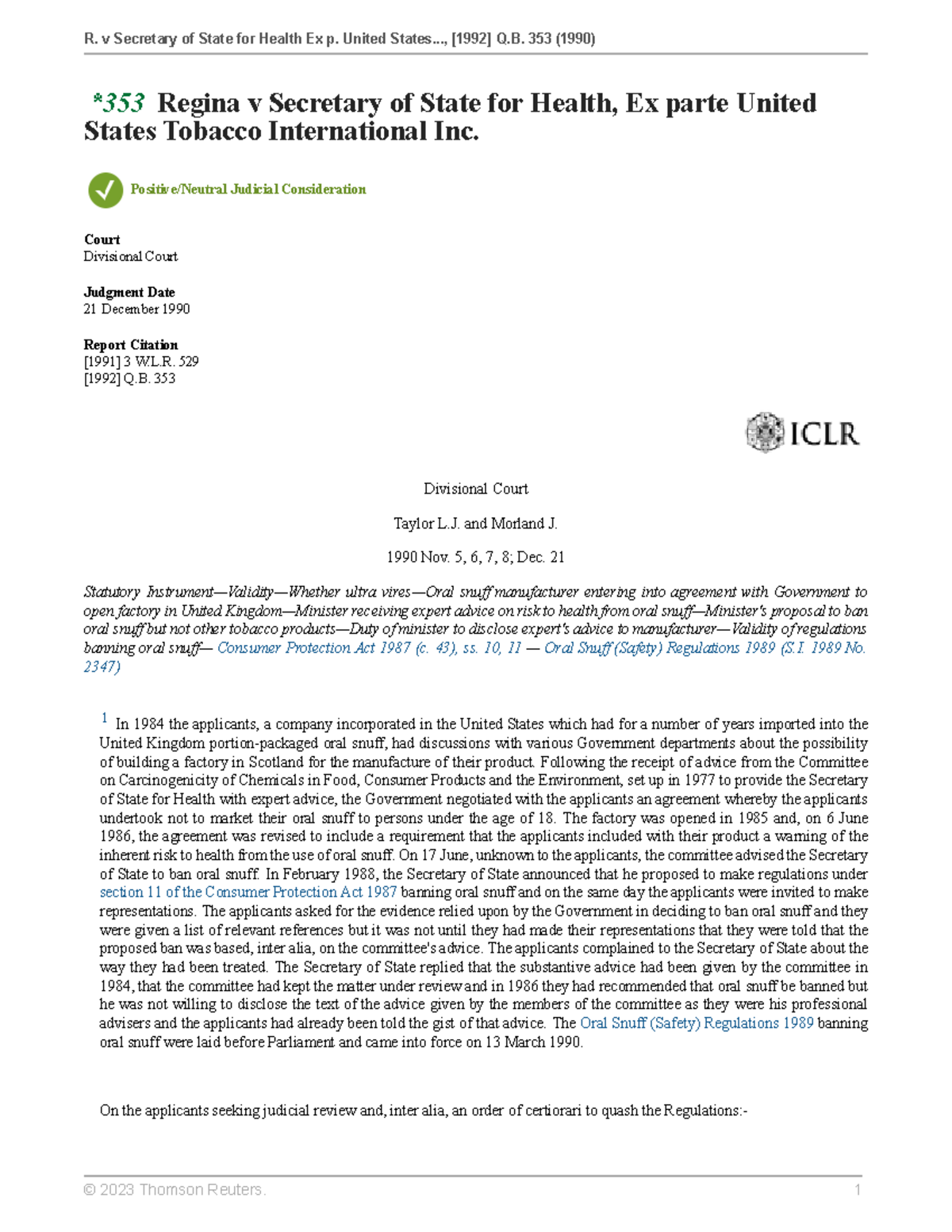 R v Secretary of State for Health Ex p United States Tobacco ...