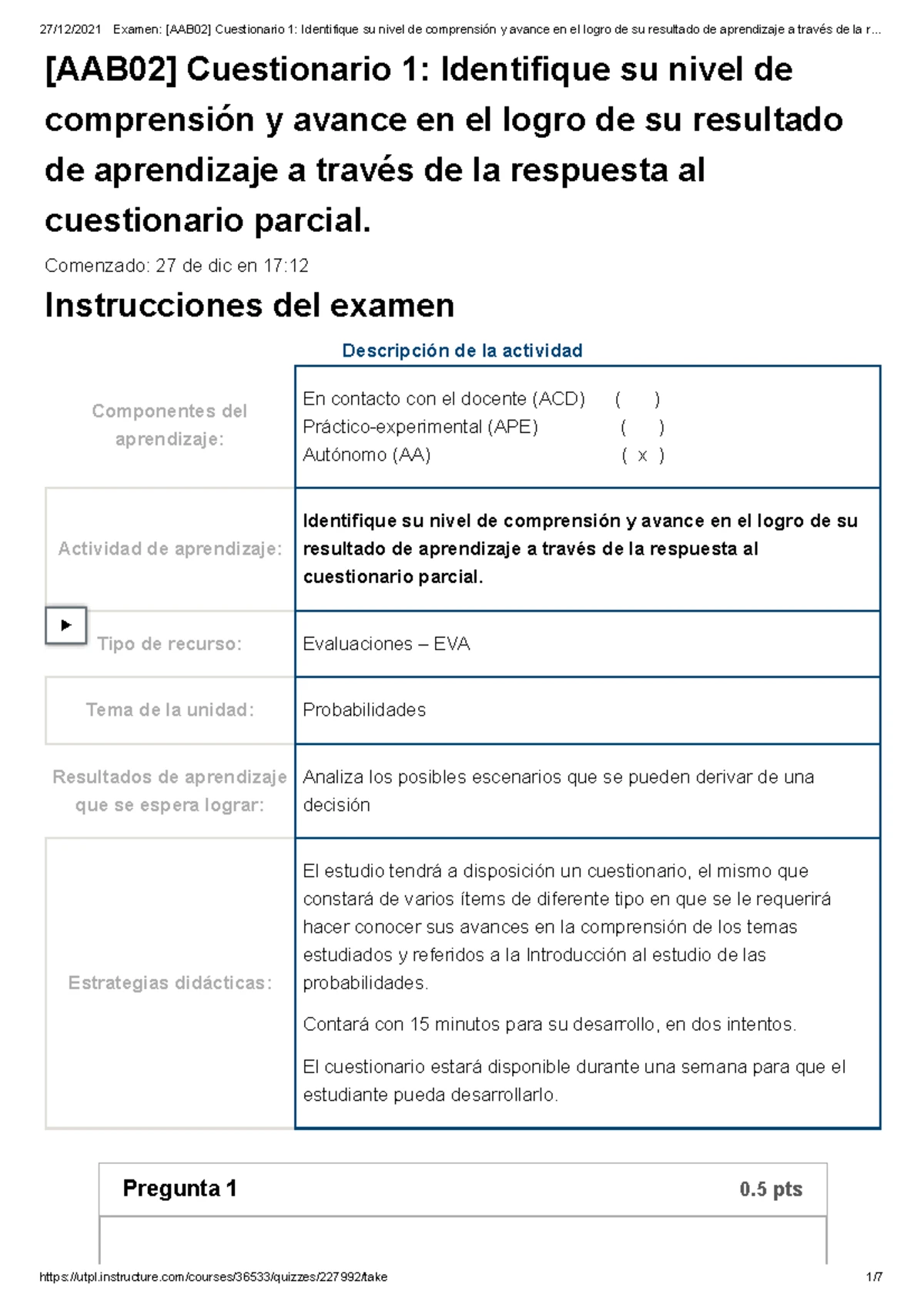 Examen [ACDB 2-15%][SUP 1] Actividad suplementaria Evalúe su aprendizaje desarrollando el - Studocu