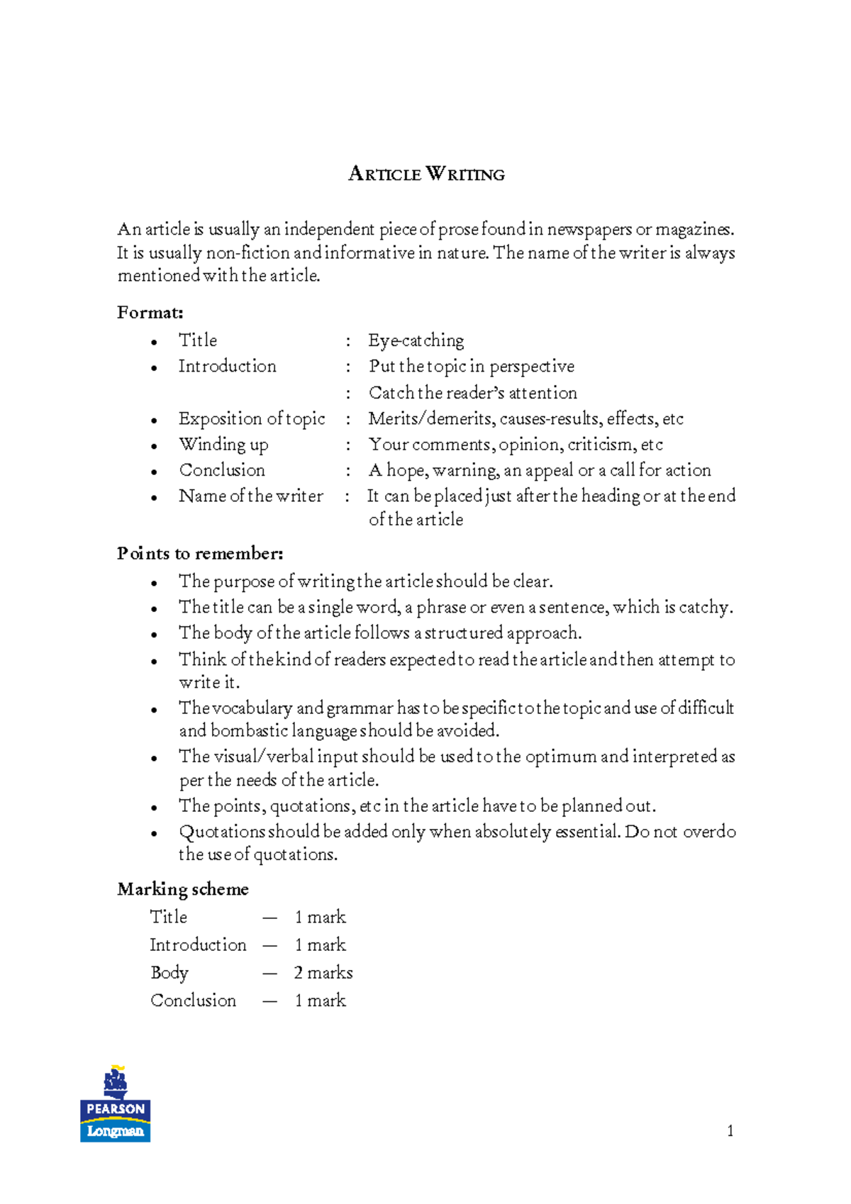 Article writing - ARTICLE WRITING An article is usually an independent ...