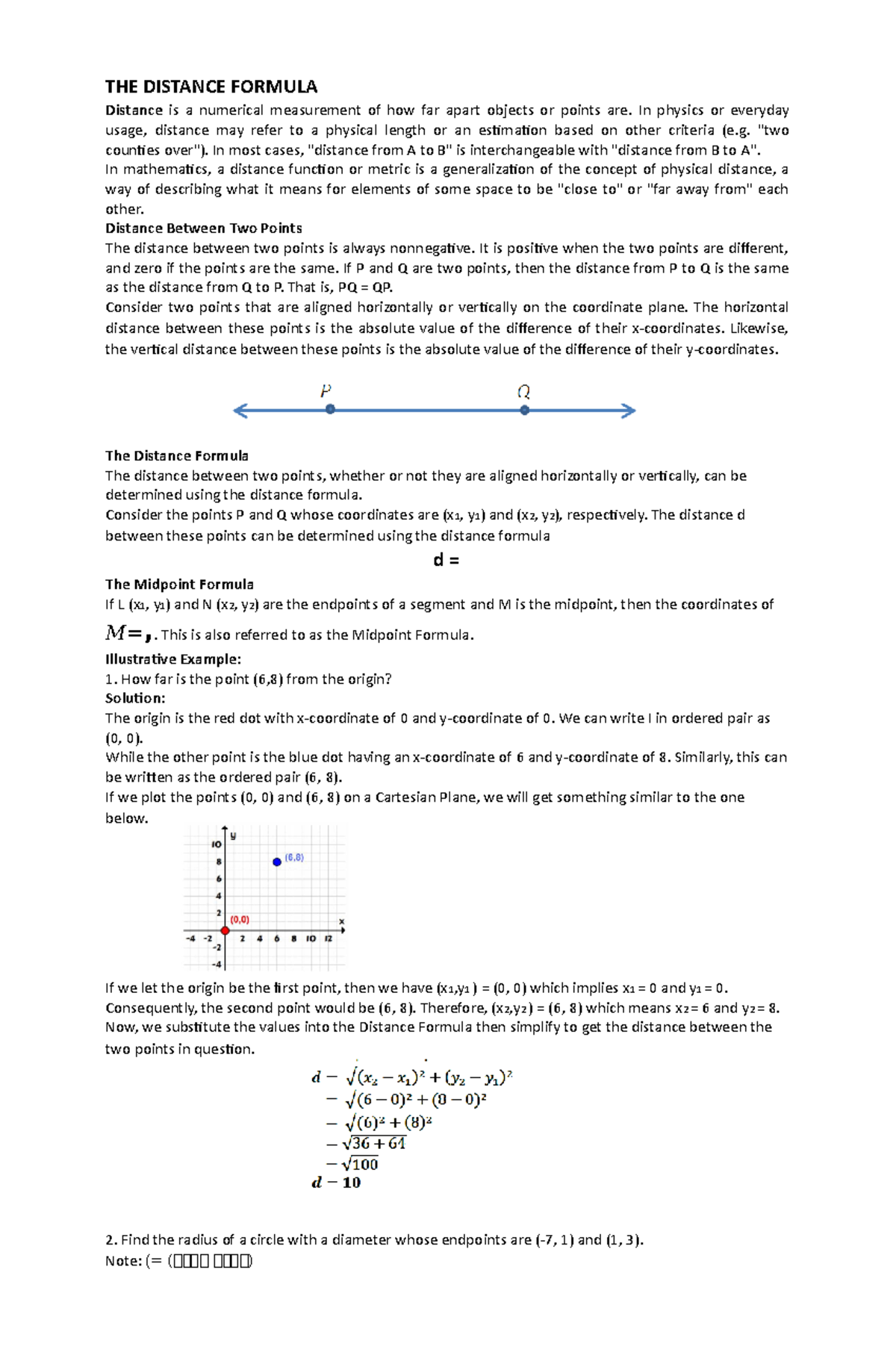 Math 7 8 final 1 - notes - THE DISTANCE FORMULA Distance is a numerical ...