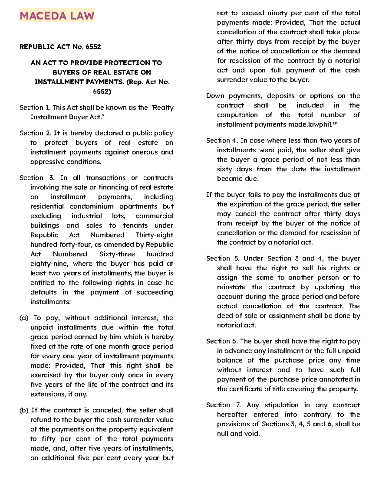 Copy of Contracts- Reviewer - MACEDA LAW REPUBLIC ACT No. 6552 AN ACT ...