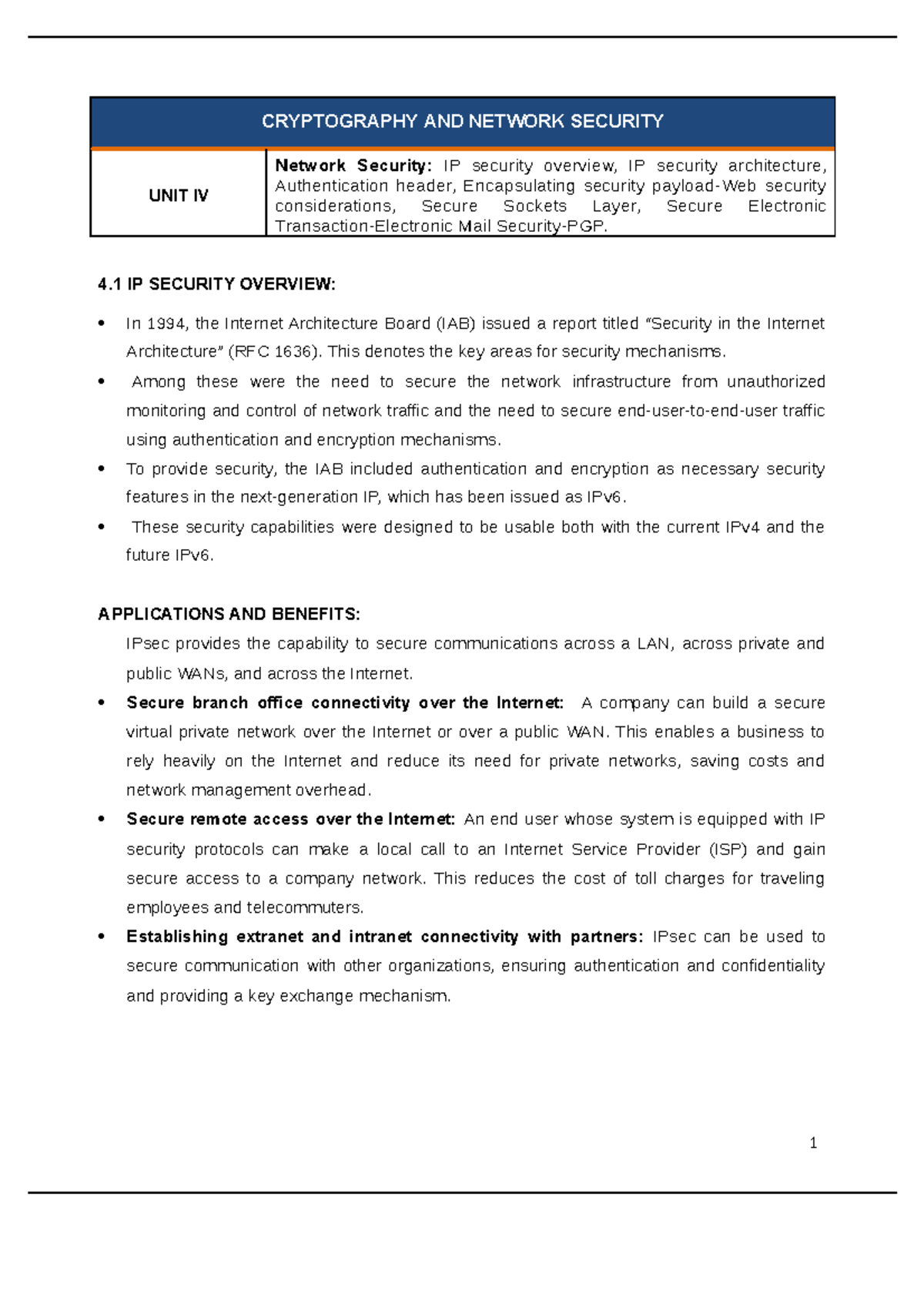 UNIT IV - Cryptography and Network Security - 1 CRYPTOGRAPHY AND ...