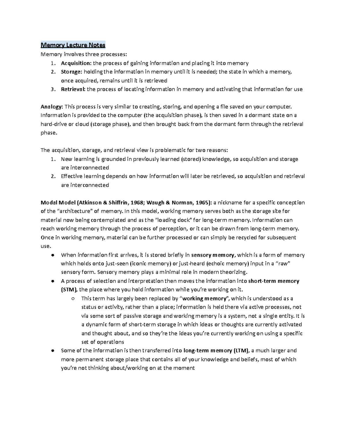 Memory Summary Notes - Memory Lecture Notes Memory involves three ...