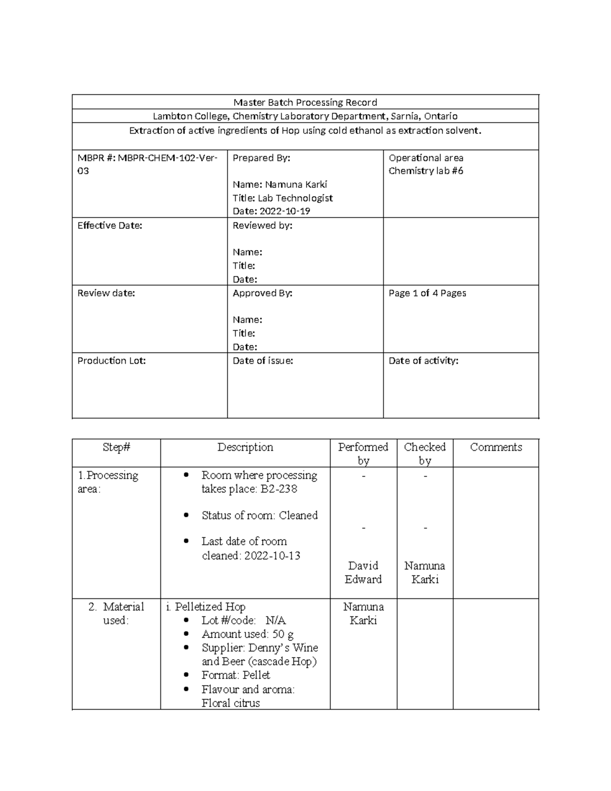 Batch record - Master Batch Processing Record Lambton College ...