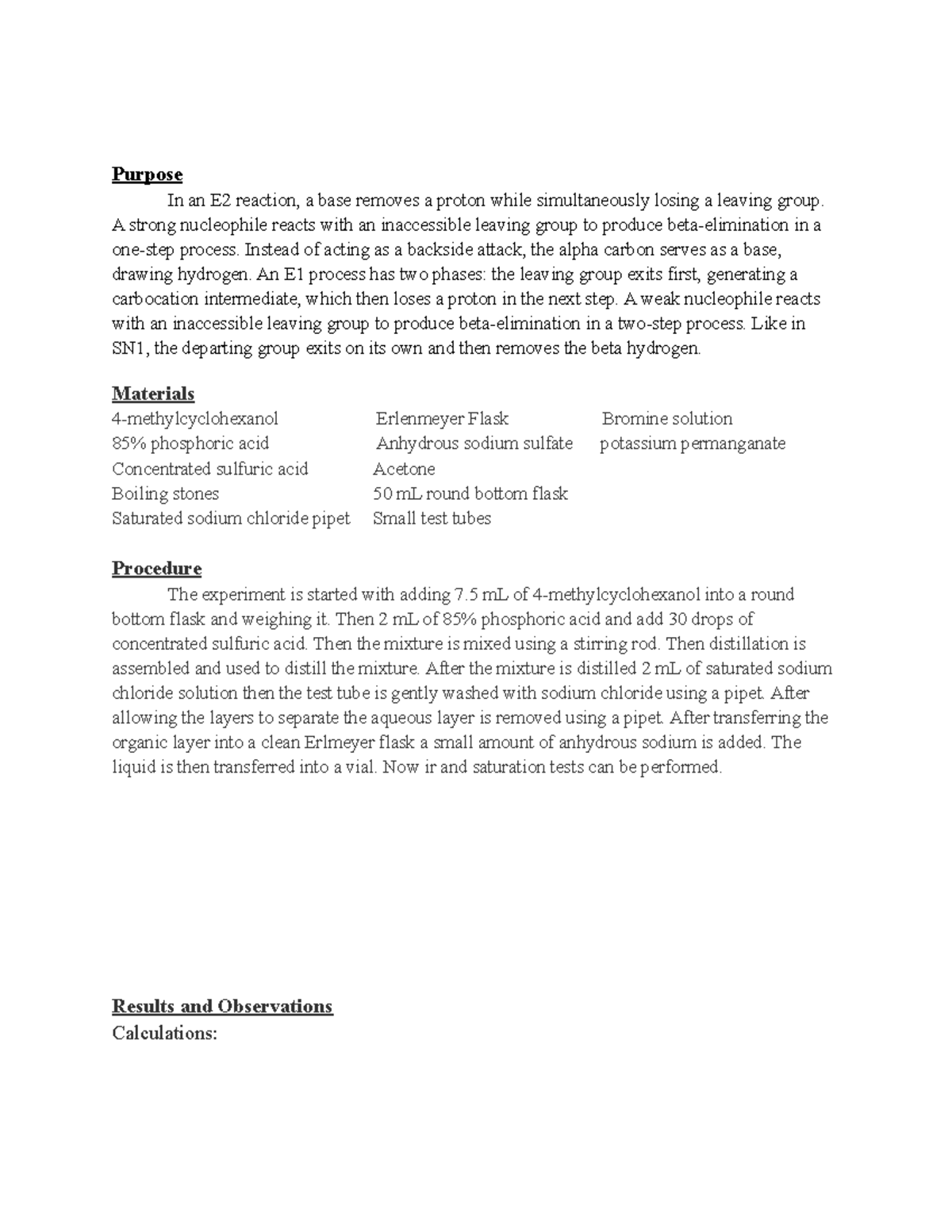 Alkene Synthesis Lab Report - Purpose In an E2 reaction, a base removes ...