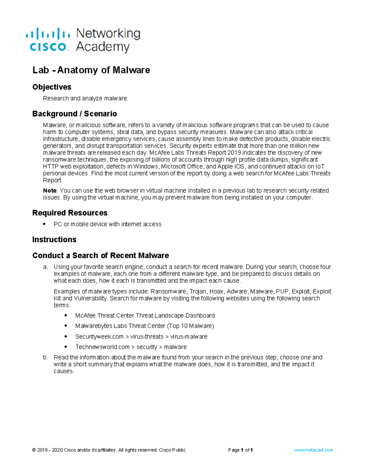 14.1.11 Lab - Anatomy of Malware - Lab - Anatomy of Malware Objectives ...