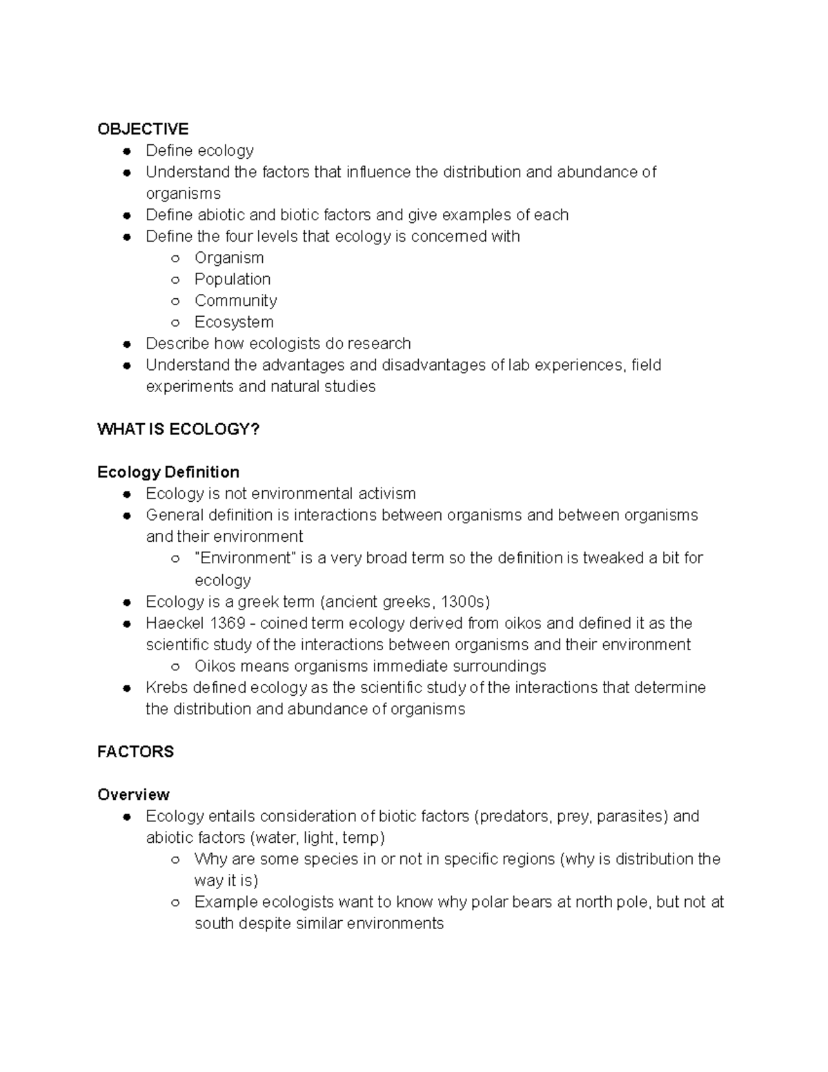 1 Intro to Ecology Classnotes - Ecology - OBJECTIVE Define ecology ...