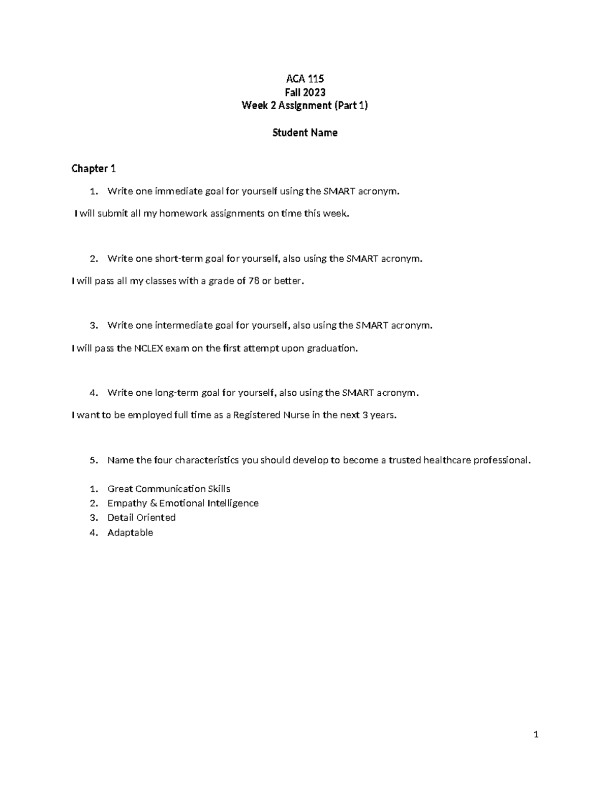 Week 2 Assignment - SMART goals - ACA 115 Fall 2023 Week 2 Assignment ...