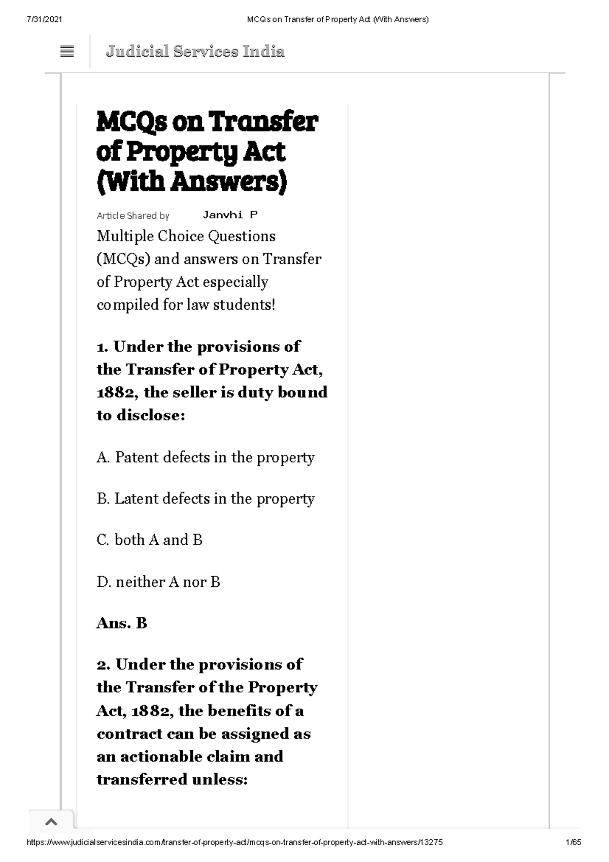 MCQs on Transfer of Property Act (With Answers) - Judicial Services IndiaJudicial Services India ...
