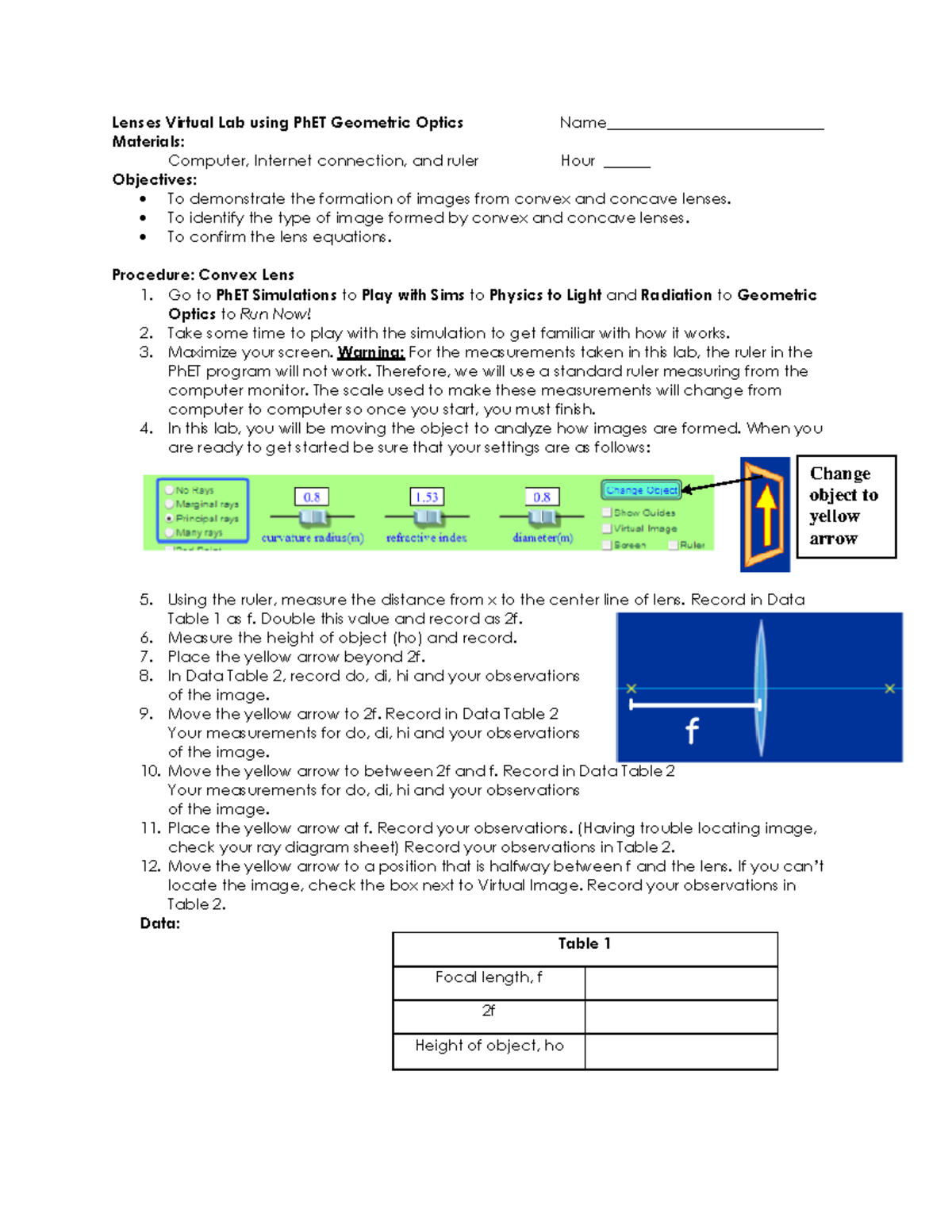 Lenses Virtual Lab Ph ET Geometric Optics - Change object to yellow ...