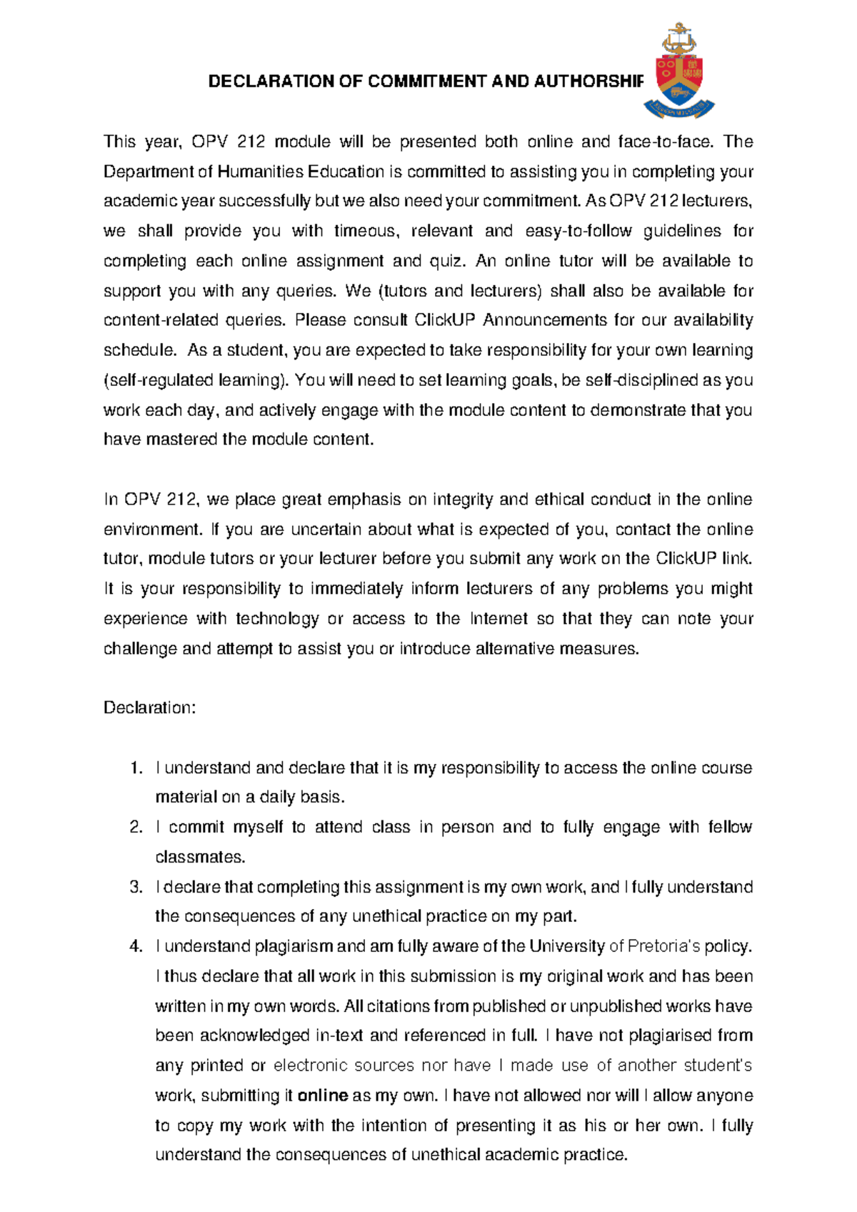 OPV case study one u23571404 sharon mothomogolo - DECLARATION OF ...