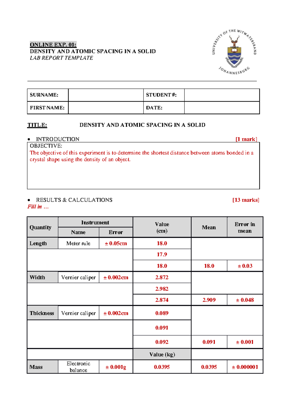 Density & Atomic Spacing - Lab Report -2 - ONLINE EXP. 01: DENSITY AND ...