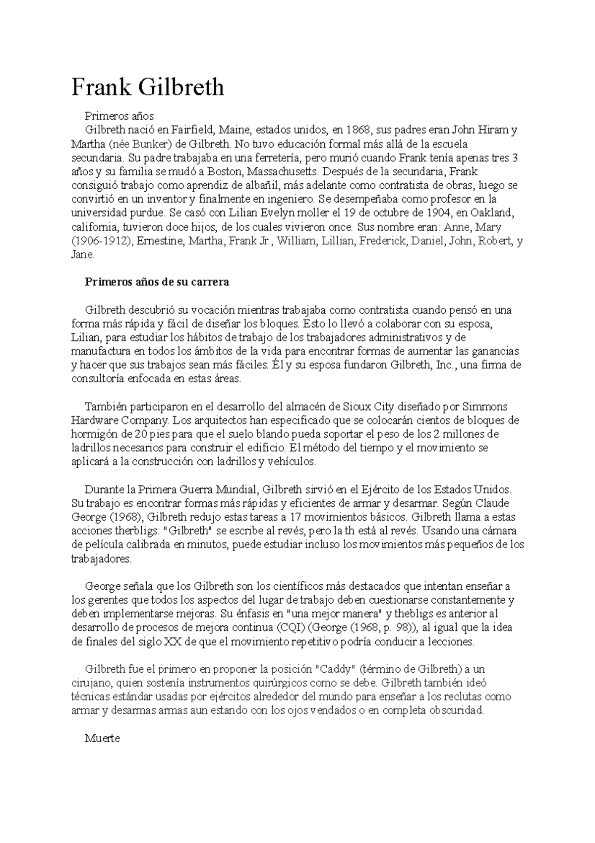 Frank y lilian Gilbreth - Frank Gilbreth Primeros años Gilbreth nació ...