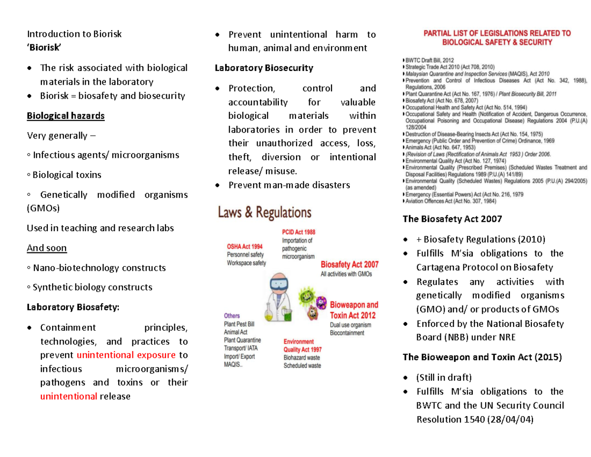 BMS533 Chapter 1 - simple notes - Introduction to Biorisk ‘Biorisk’ The ...