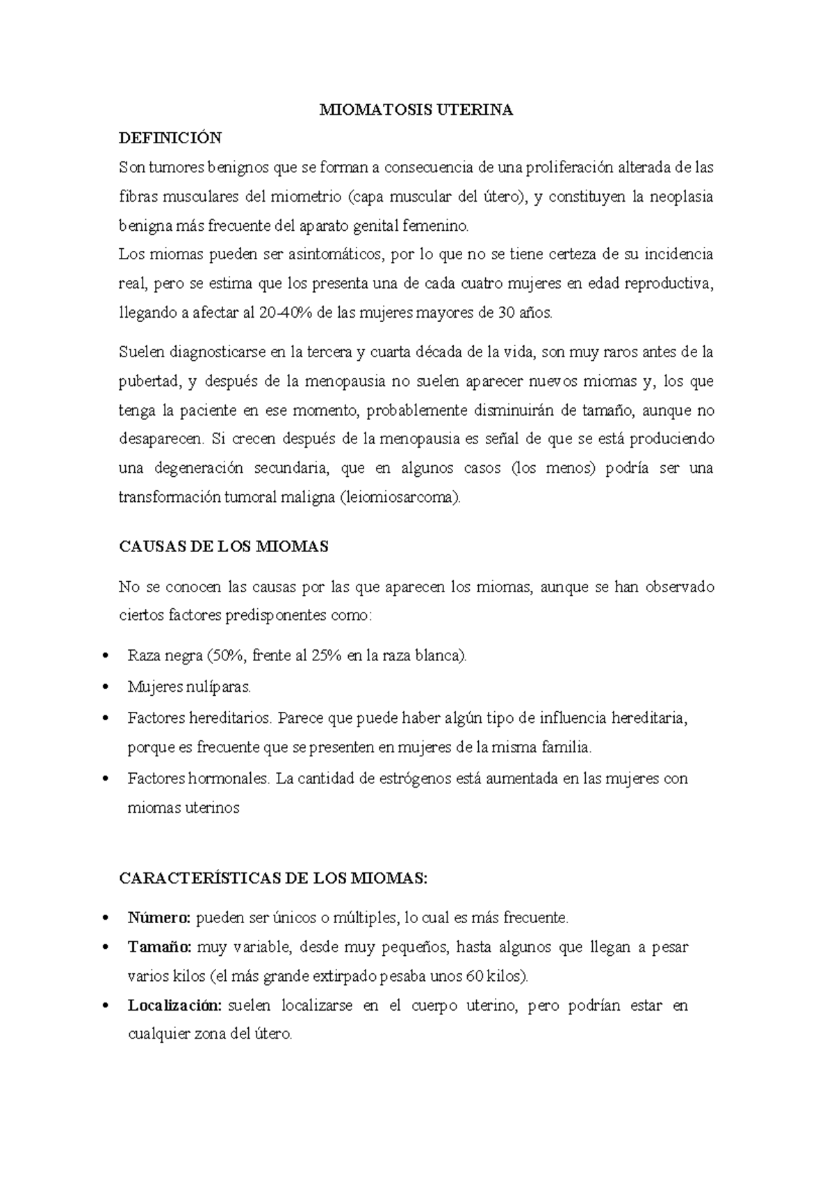 Mioma defensa - PAE - MIOMATOSIS UTERINA DEFINICIÓN Son tumores benignos que se forman a - Studocu