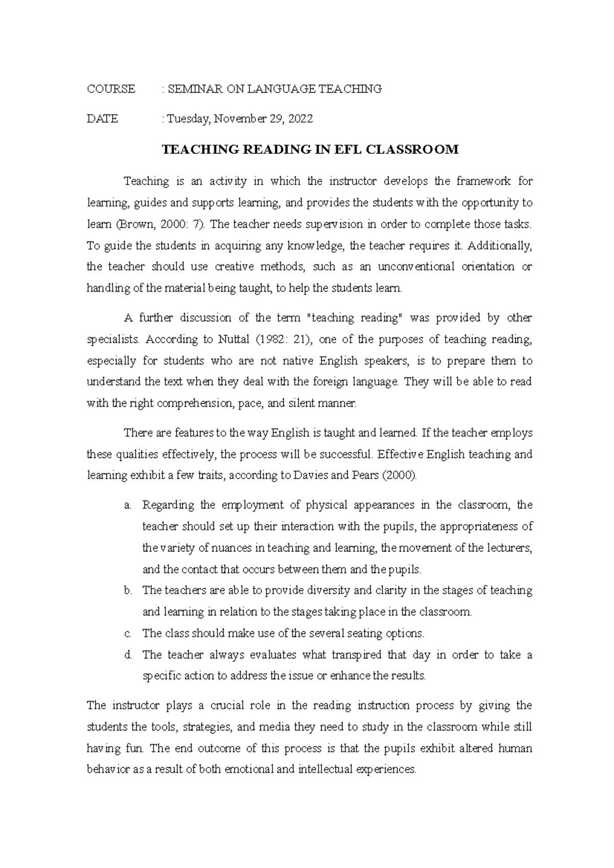 Teaching Reading IN EFL Classroom COURSE SEMINAR ON LANGUAGE teaching-reading-in-efl-classroom-course-seminar-on-language