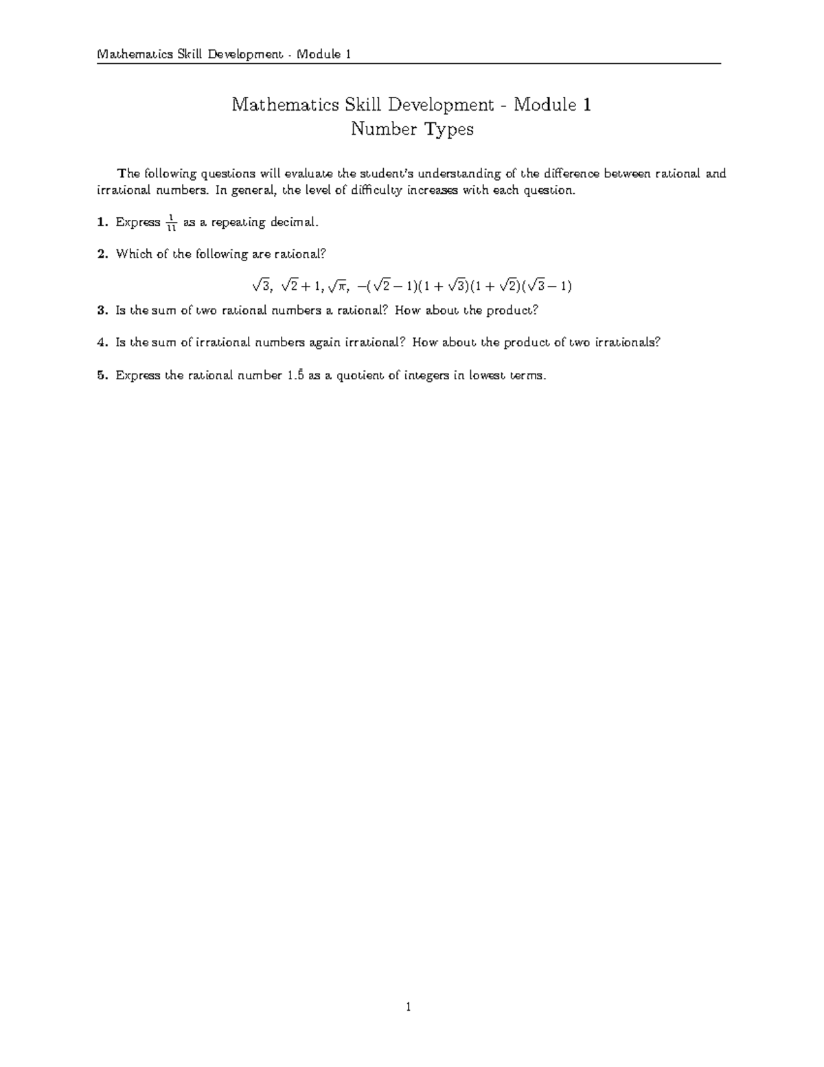 Mod1-questions-Number Types - Mathematics Skill Development - Module 1 ...