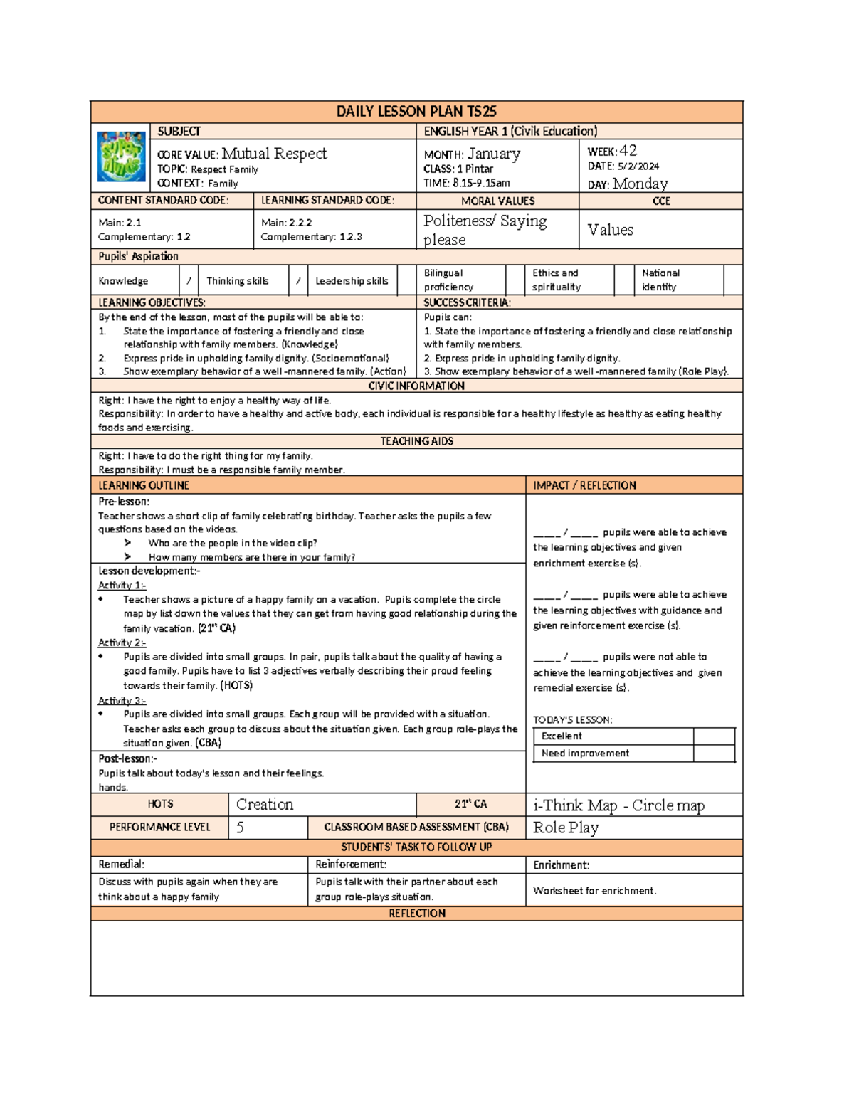 BI Y1 LP TS25 - Civic Education - DAILY LESSON PLAN TS SUBJECT ENGLISH ...