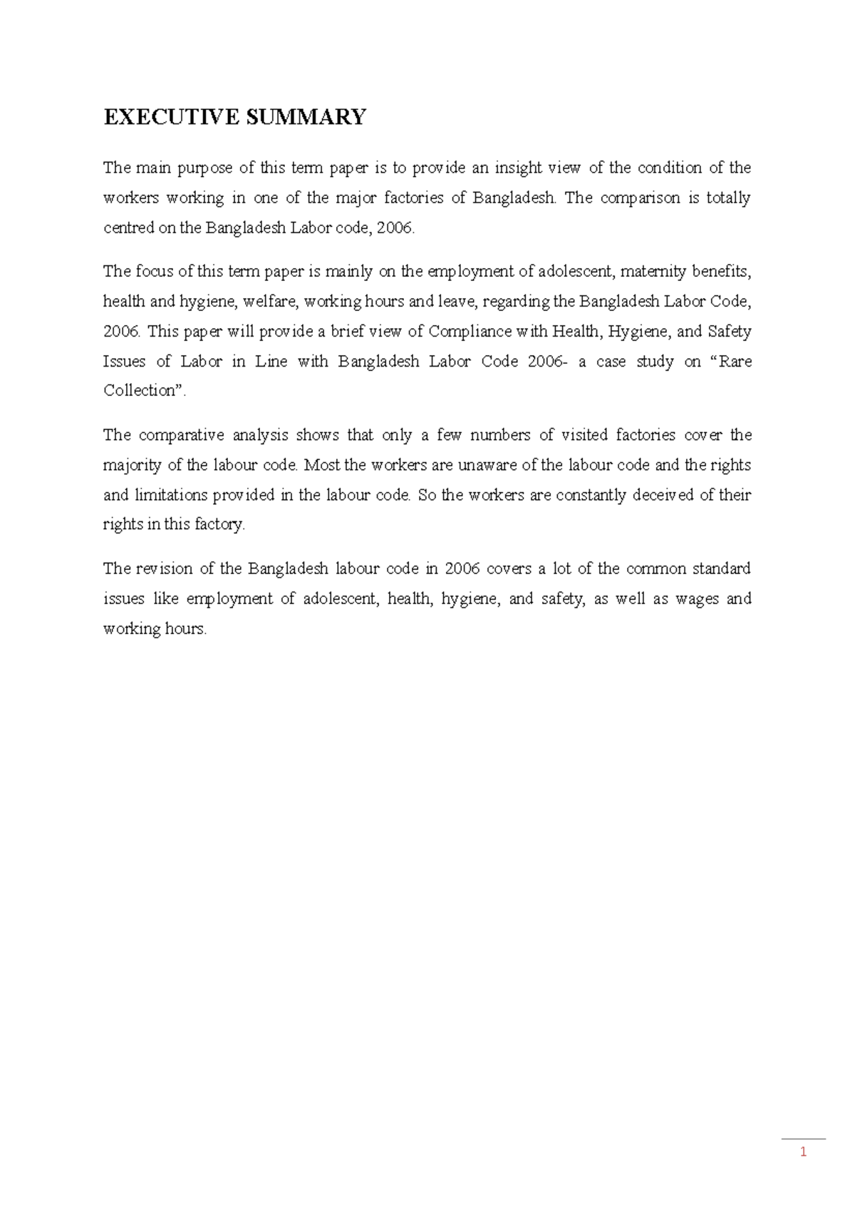 Compliance of Health Hygiene and Safety - EXECUTIVE SUMMARY The main ...