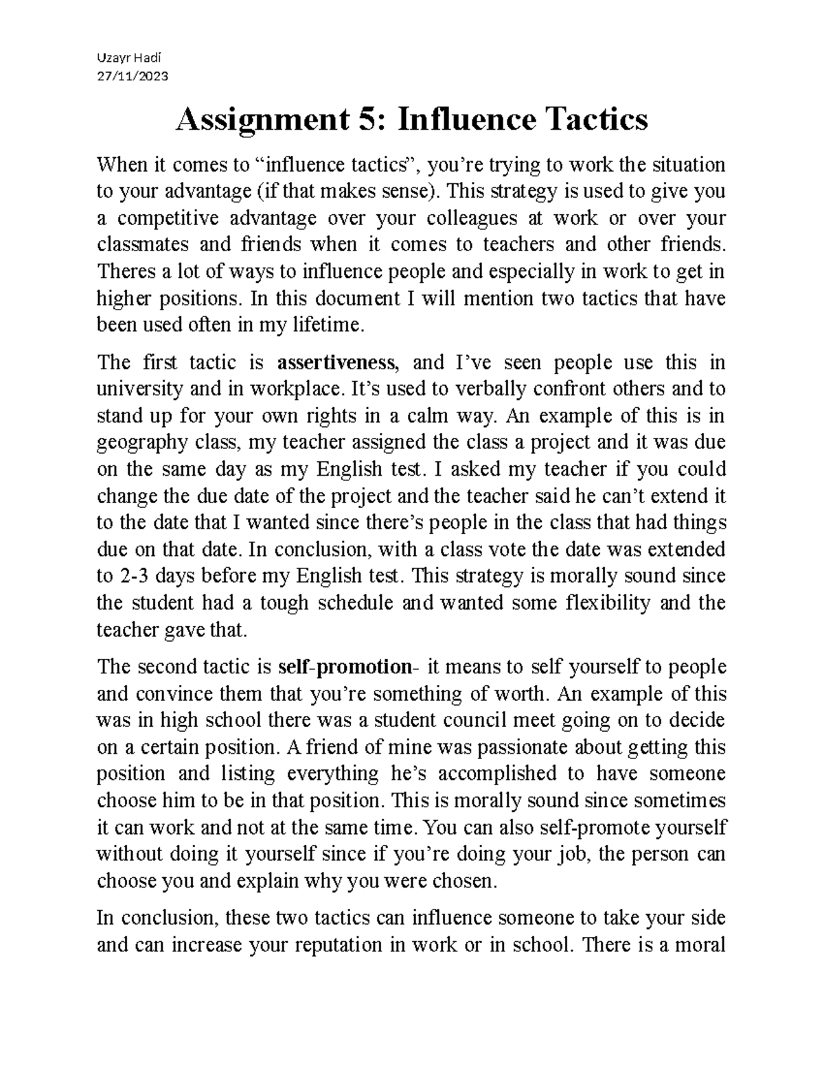 Assignment 5 Influence Tactics - Uzayr Hadi 27/11/ Assignment 5 ...