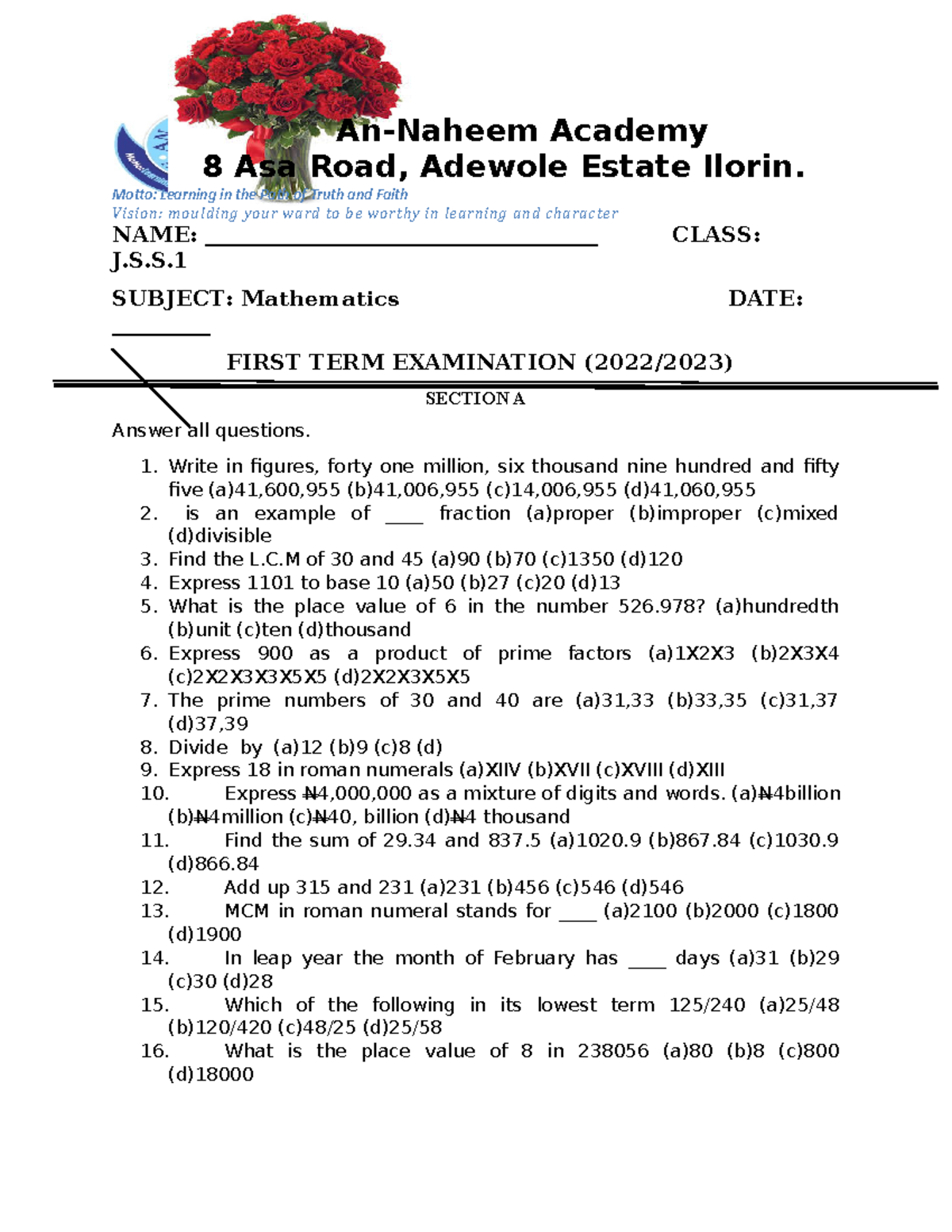 Maths JSS 1 - Introduction to junior mathematics - An-Naheem Academy 8 ...