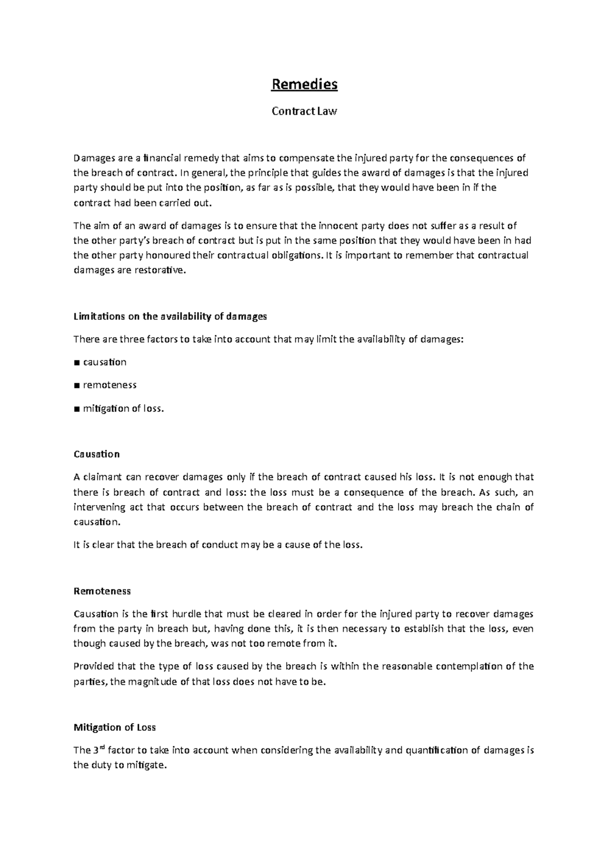 Remedies - Remedies Contract Law Damages are a financial remedy that ...