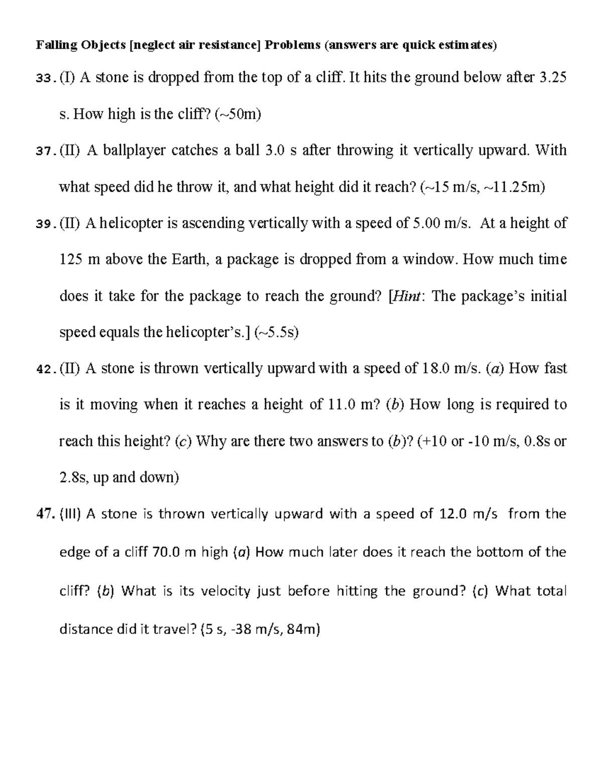 Free falling problem set - Falling Objects [neglect air resistance ...