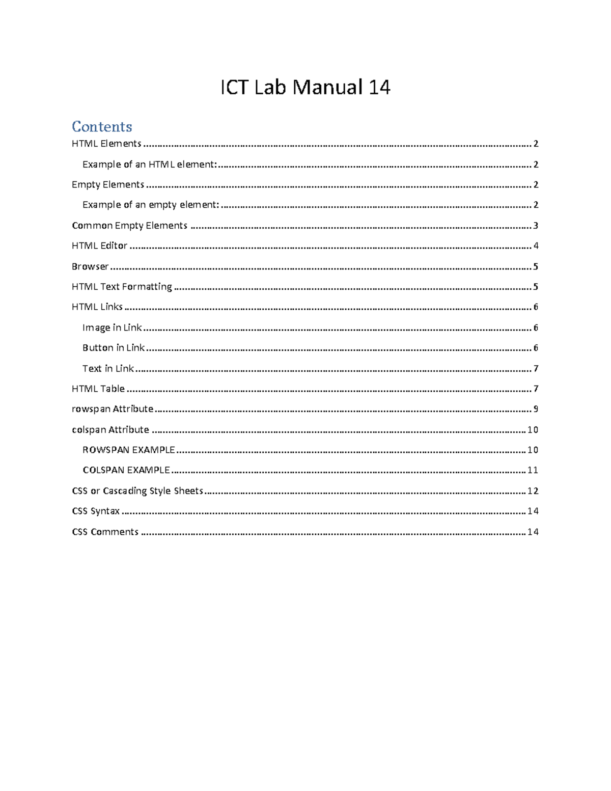 ICT Lab Manual 14 HTML Elements and CSS - Contents - ICT Lab Manual HTML Elements Example of an ...