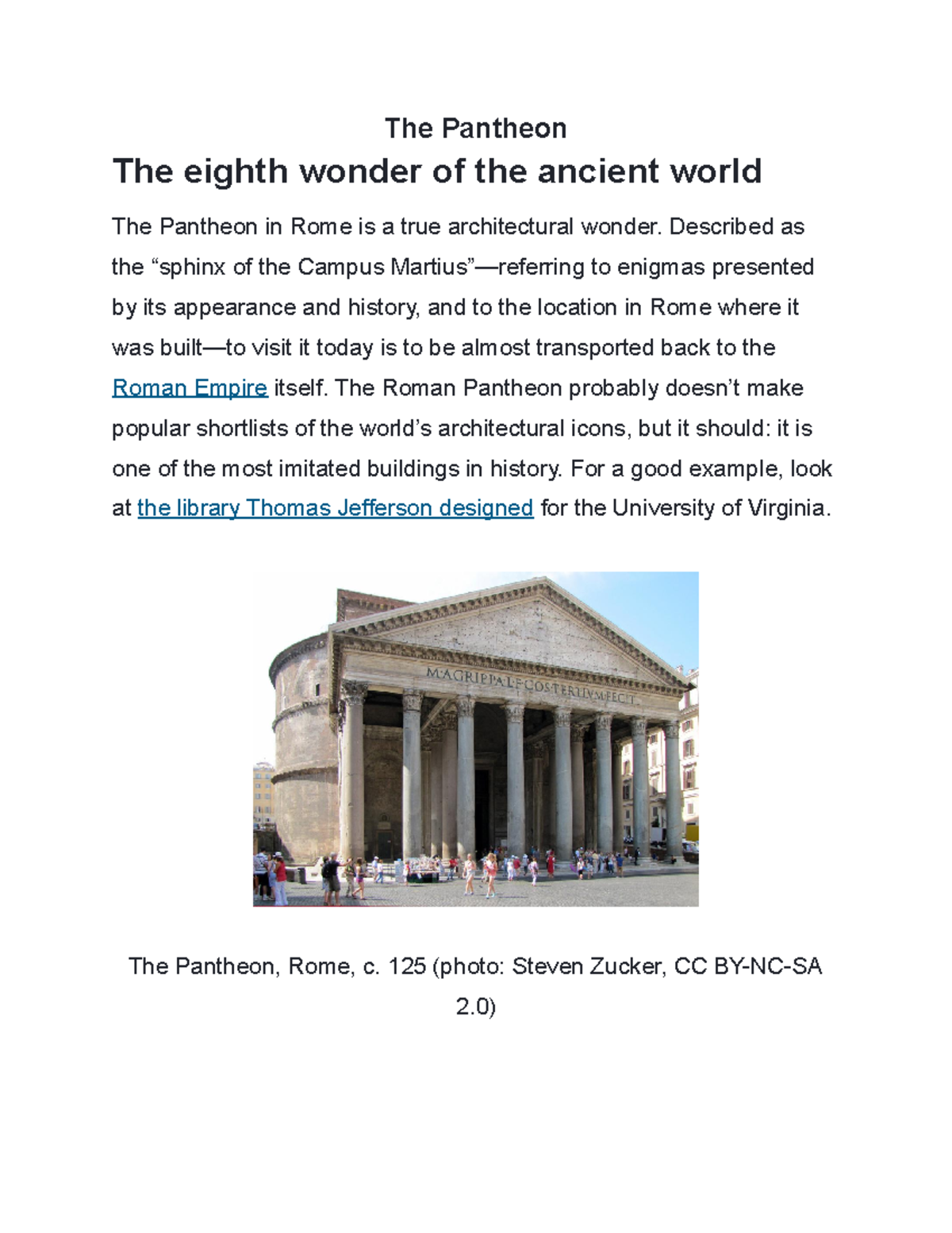 The Pantheon - The Pantheon The eighth wonder of the ancient world The ...
