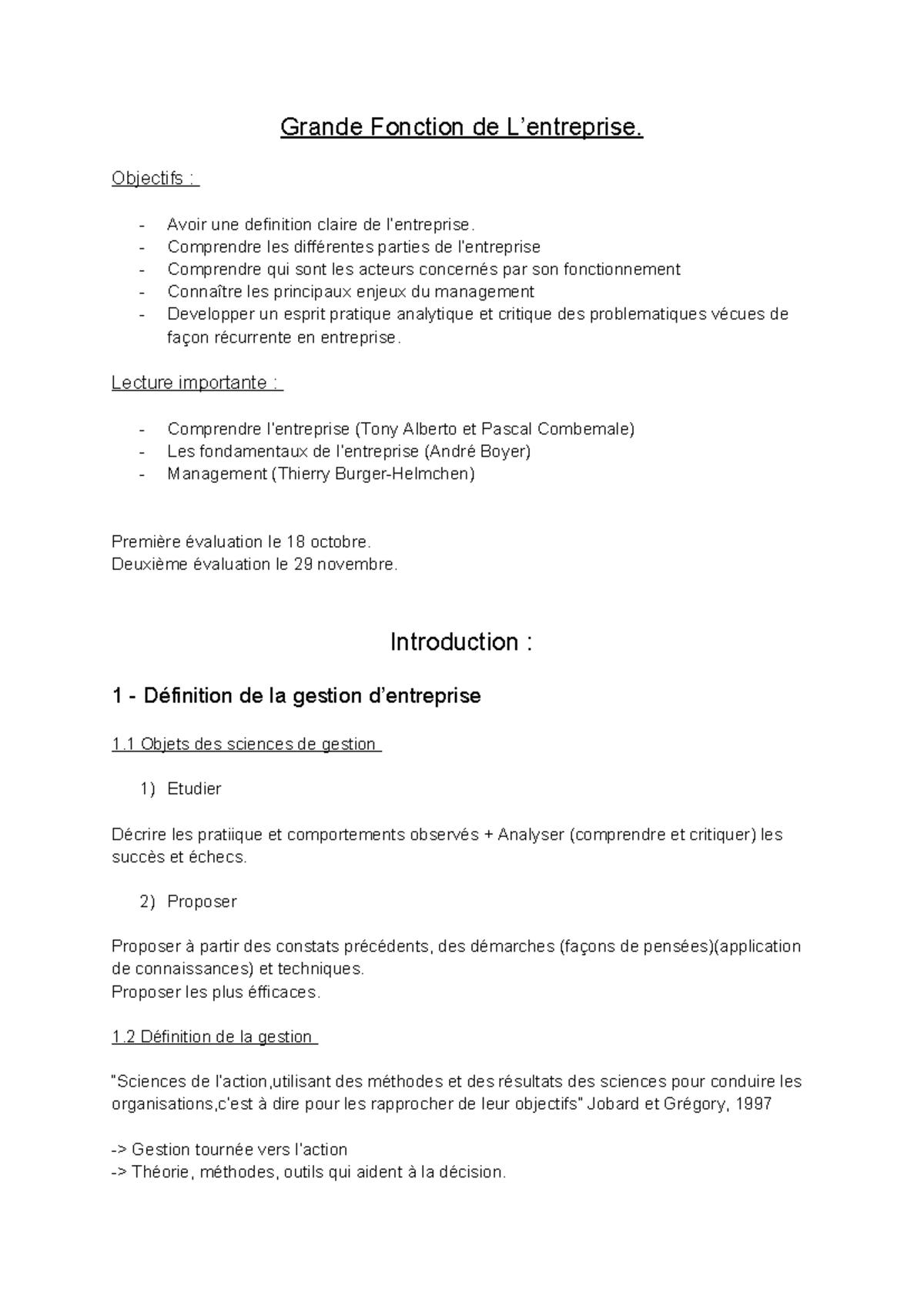 Grande Fonction de L'entreprise - Objectifs : - Avoir une definition ...