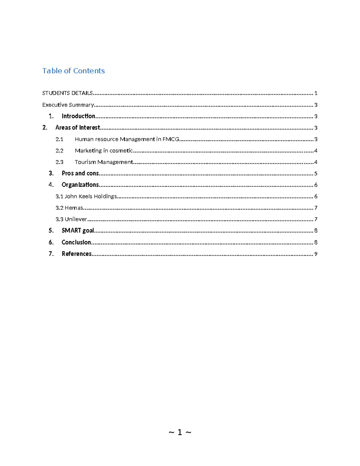 Assignment 1 - transition to work - Table of Contents STUDENTS - Studocu