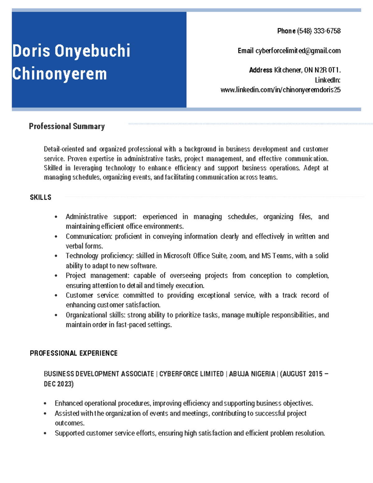 Doris Chinonyerem Resume - Detail-oriented and organized professional ...