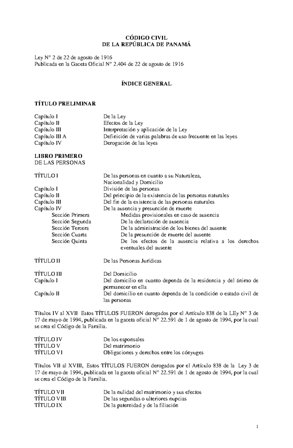 Codigo civil - CÓDIGO CIVIL DE LA REPÚBLICA DE PANAMÁ Ley N° 2 de 22 de ...