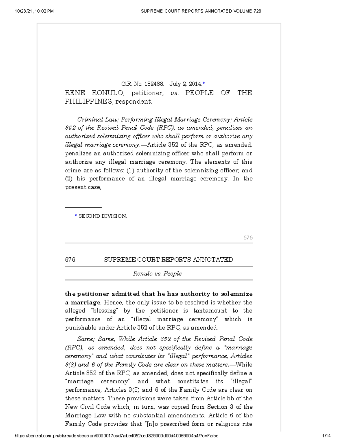 Ronulo v People of the Philippines - G. No. 182438. July 2, 2014.* RENE ...