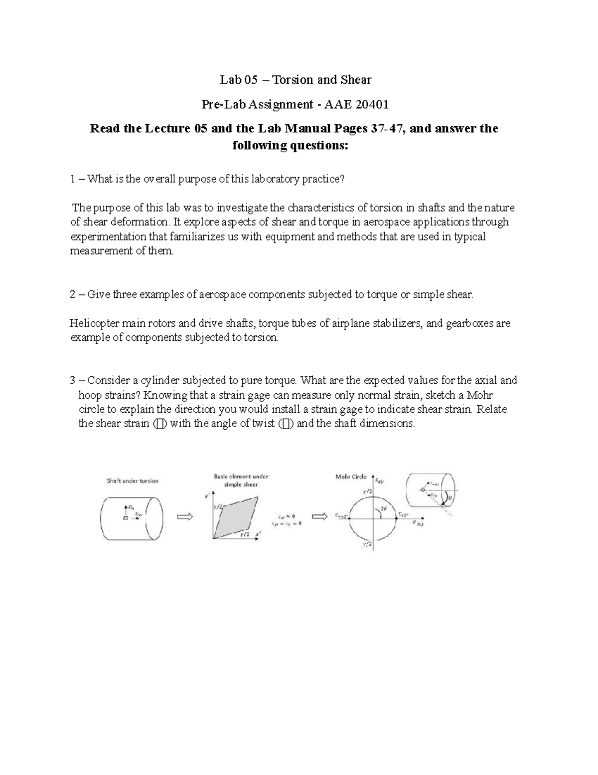 Lab5 prelab - Lab 05 – Torsion and Shear Pre-Lab Assignment - AAE 20401 Read the Lecture 05 and ...