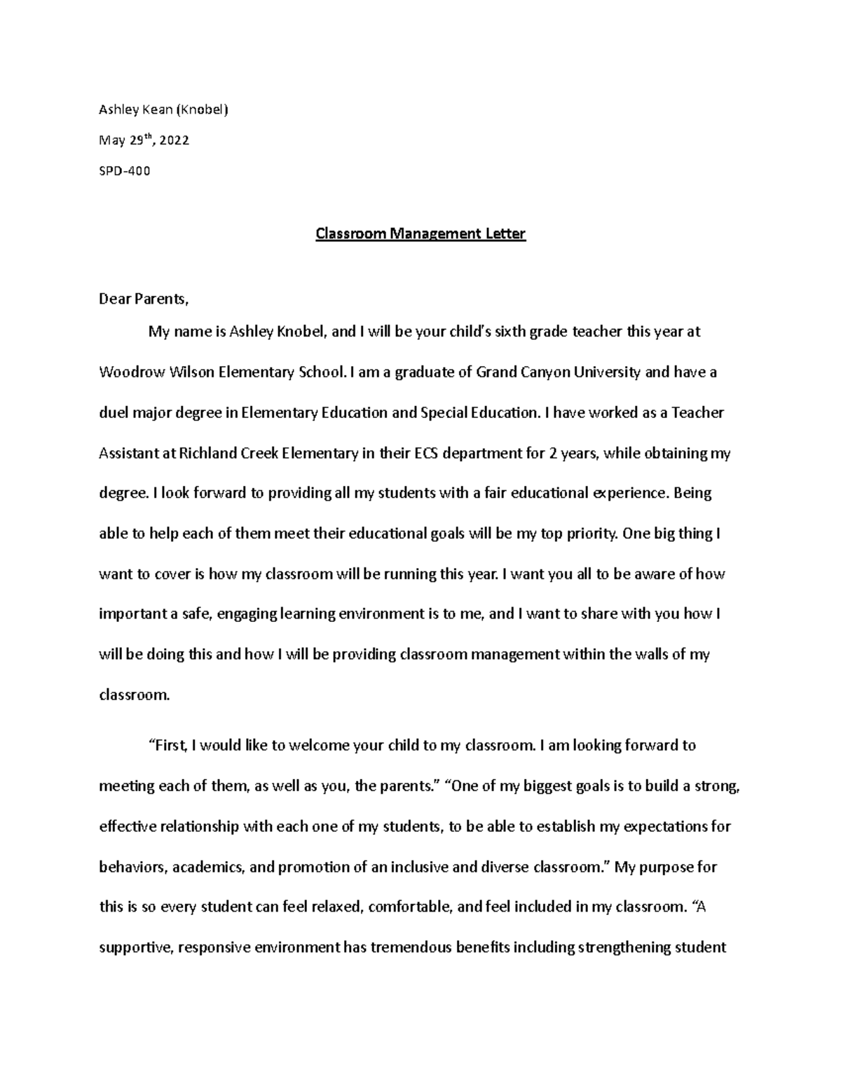 Classroom Management Letter SPD400 - Ashley Kean (Knobel) May 29th ...